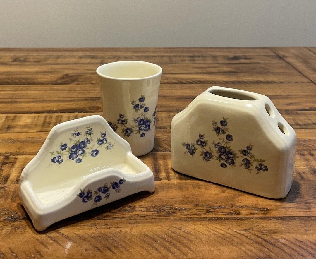 Vtge Ceramic Bathroom Set Ivory Blue Flowers VB Athena Pottery in ...