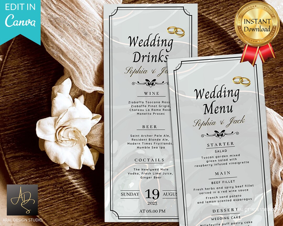 Modern Wedding Menu | Cute Menu Template | Marble Bridal Shower Menus ...