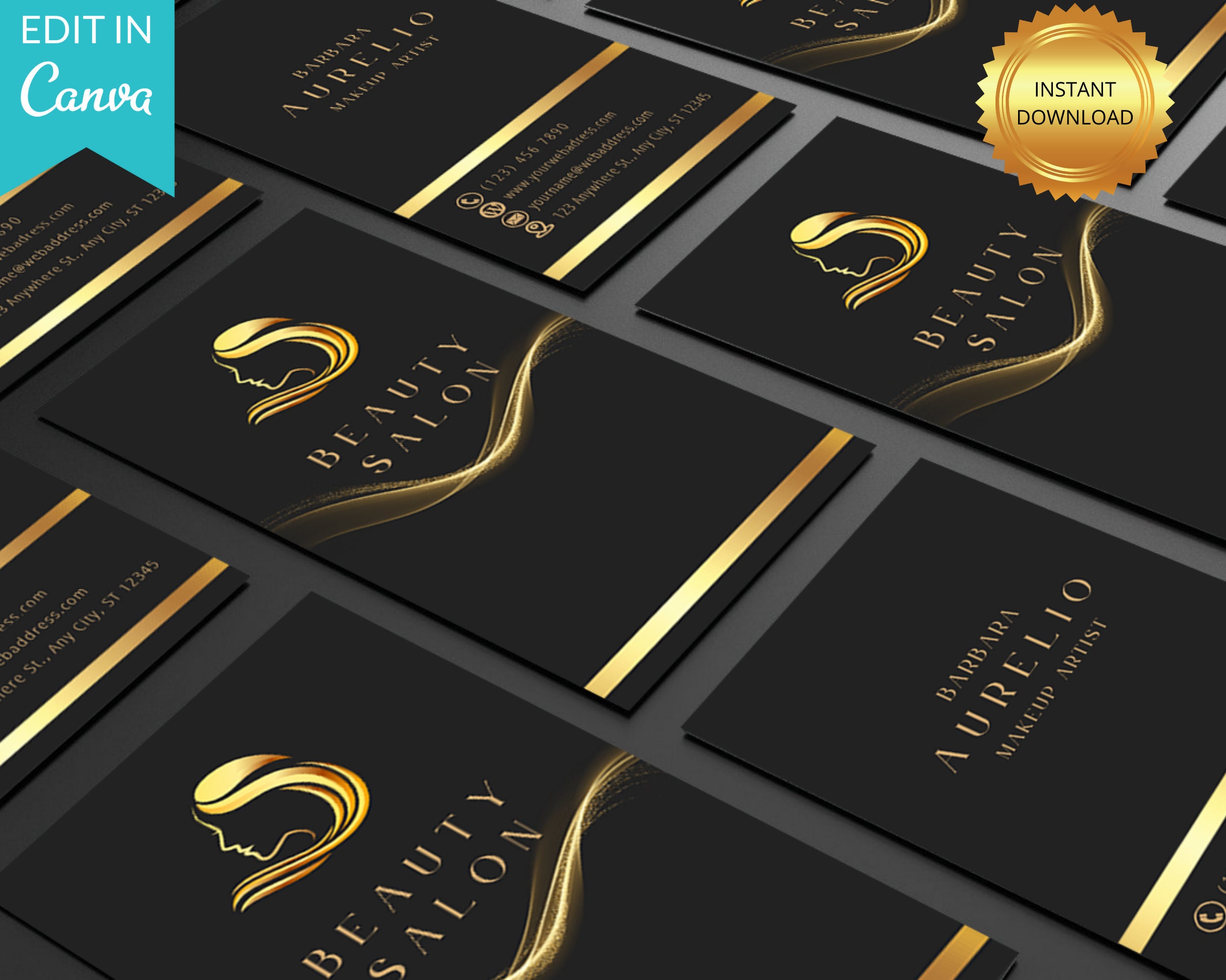 Editable Luxury Business Card Template Black and Gold Name - Etsy