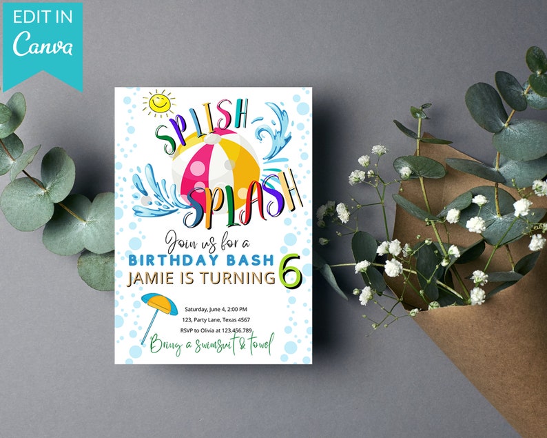 Editable Splish Splash Birthday Invitation Pool Party Boy Beach Ball ...