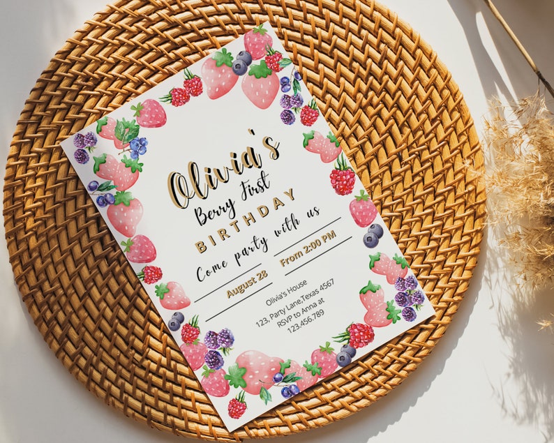 Editable Berry Sweet Birthday Invitation Blueberry Strawberry Picking ...