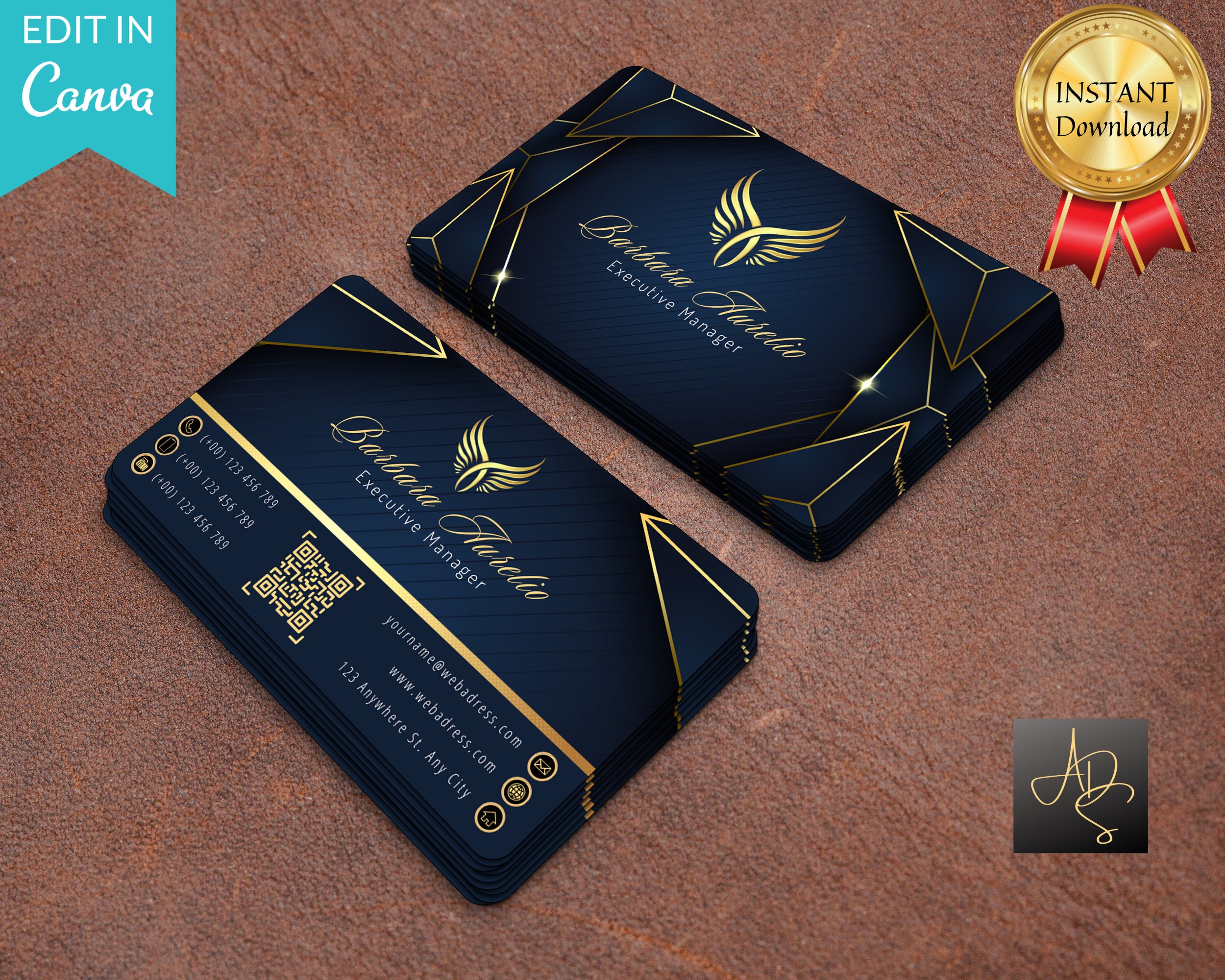 Elegant Blue & Gold Business Card Template: Minimalist Design (canva ...