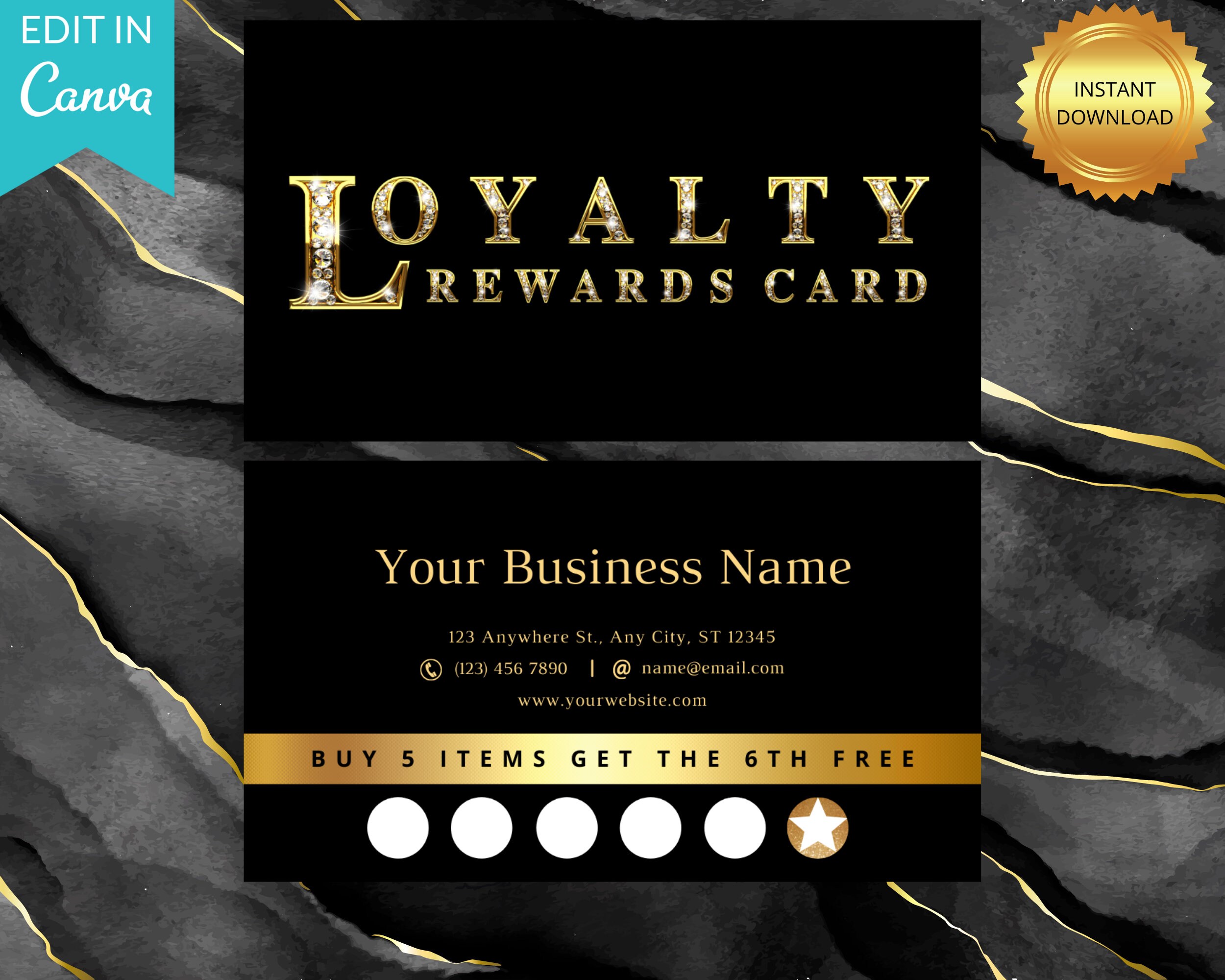 Editable Small Business Loyalty Card Template, Elegant Black and Gold ...