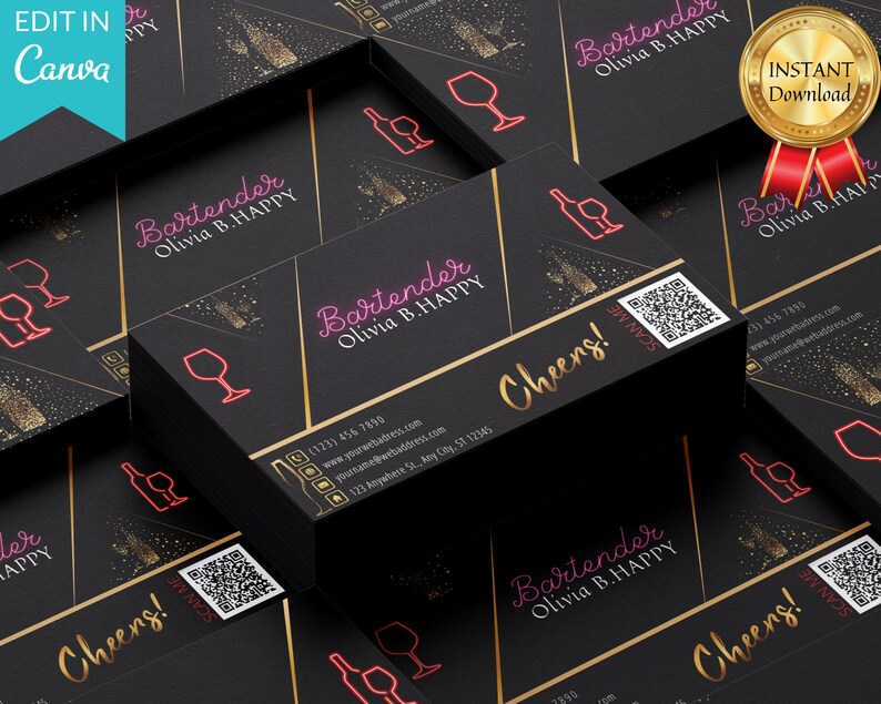 Black & Gold Bartender Business Card With QR Code (editable) - Etsy