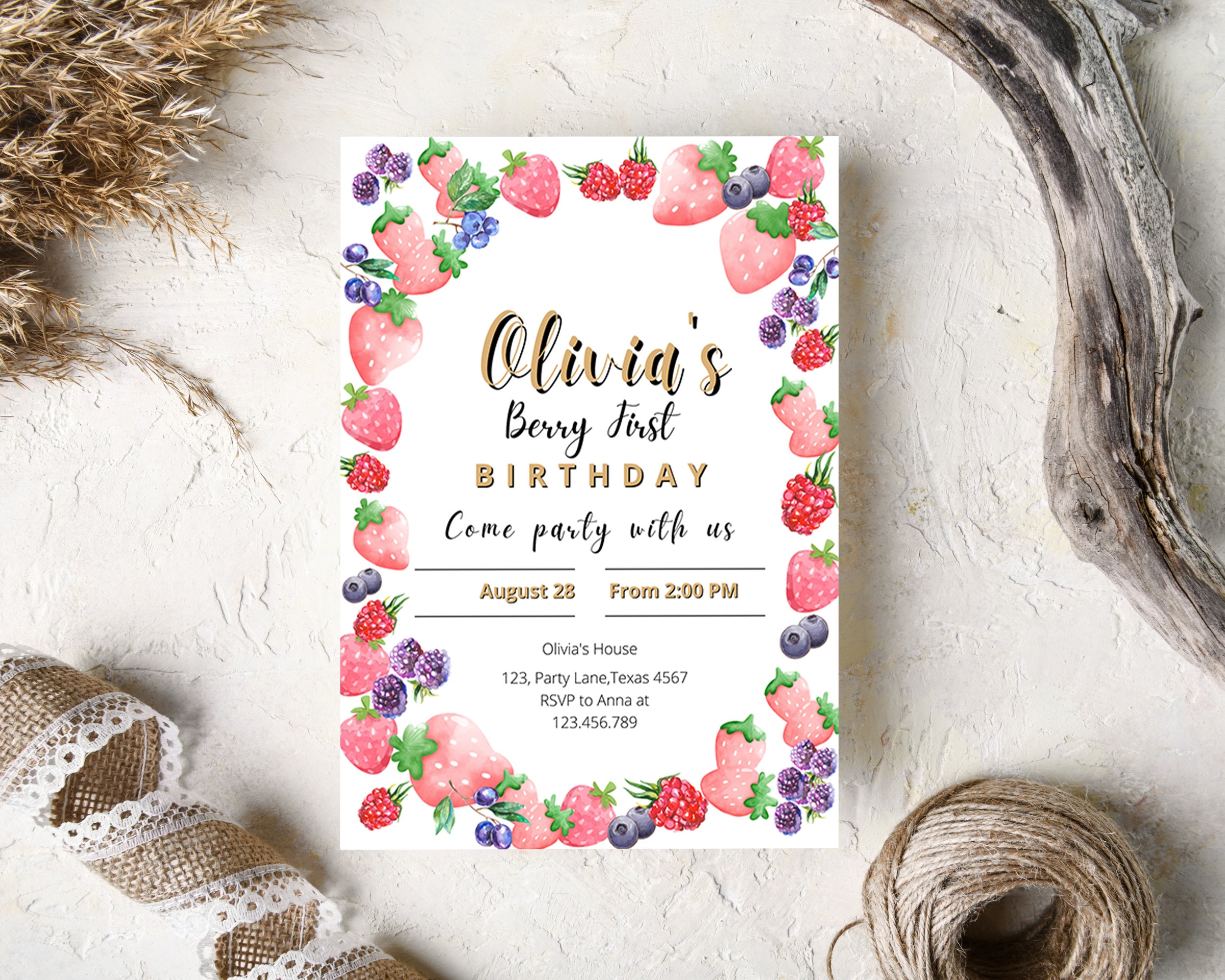 Editable Berry Sweet Birthday Invitation Blueberry Strawberry Picking ...