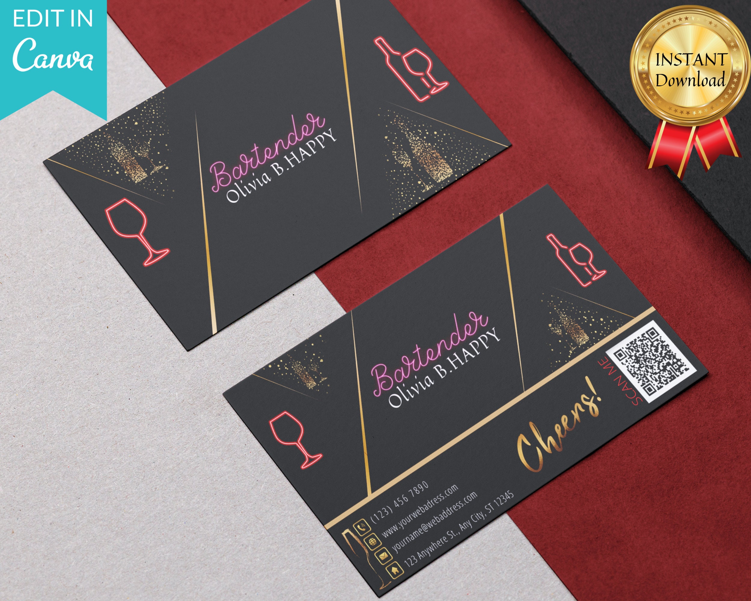 Black & Gold Bartender Business Card With QR Code (editable) - Etsy