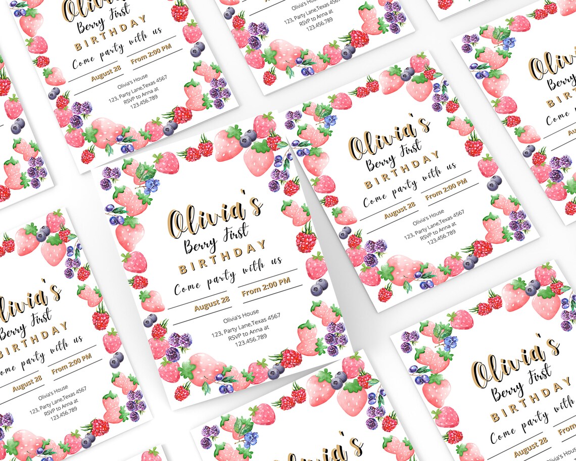 Editable Berry Sweet Birthday Invitation Blueberry Strawberry Picking ...