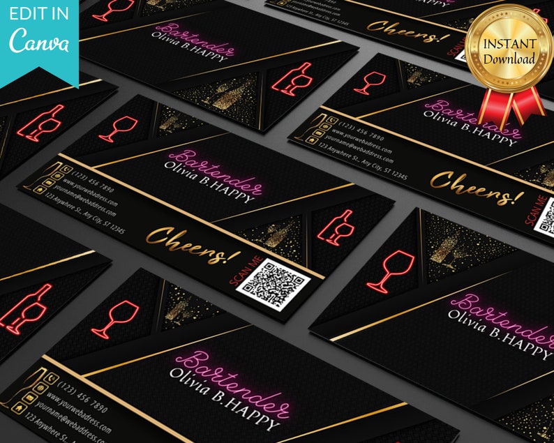 Black & Gold Bartender Business Card With QR Code (editable) - Etsy