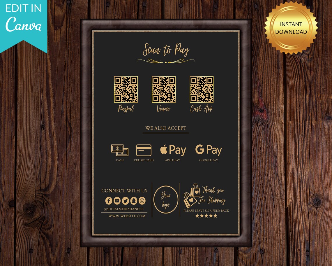 Scan to Pay QR Code Canva Template Digital Print Gold Premade Scan to ...
