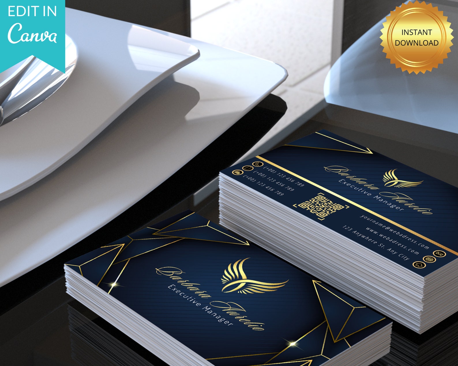 Elegant Business Card, Business Card Template, Editable Blue & Gold ...