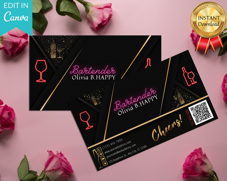Black & Gold Bartender Business Card With QR Code (editable) - Etsy