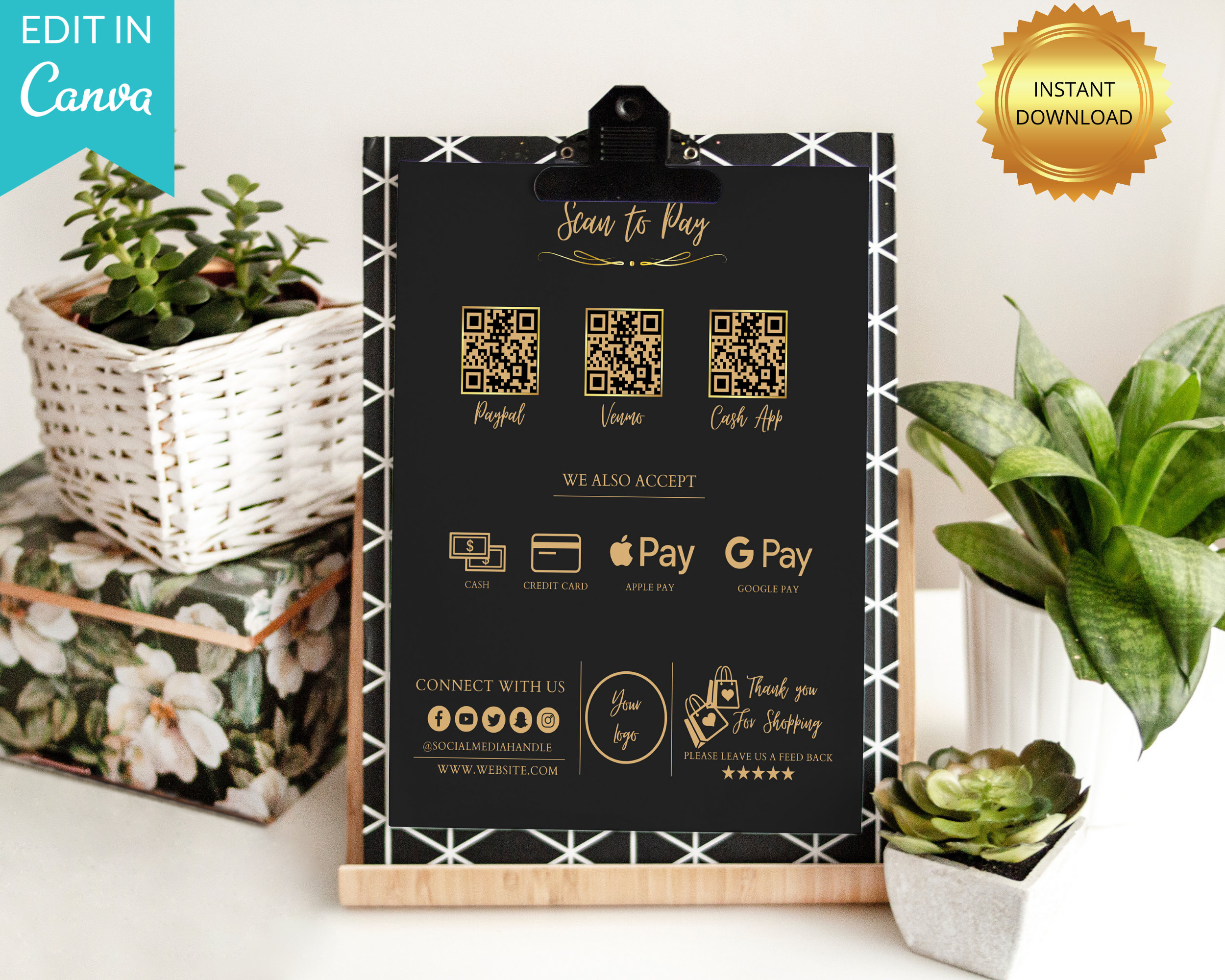 Scan to Pay QR Code Canva Template Digital Print Gold Premade Scan to ...