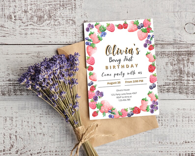 Editable Berry Sweet Birthday Invitation Blueberry Strawberry Picking ...