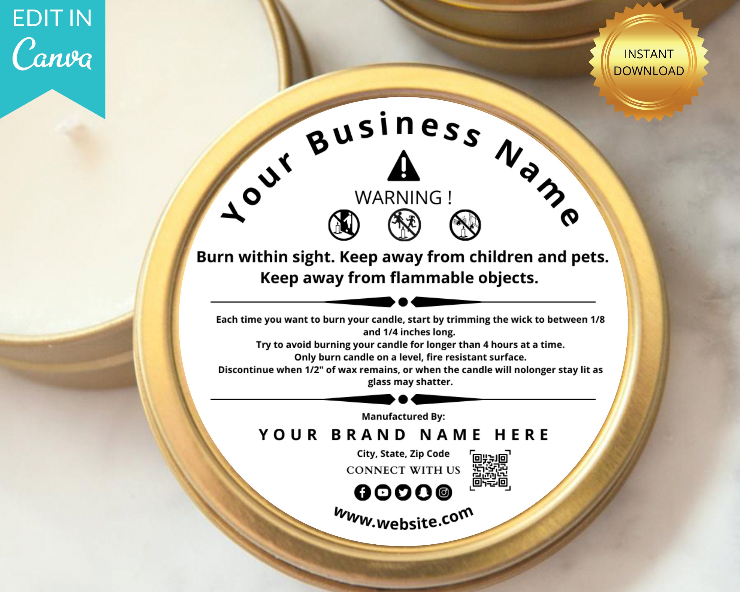 Candle Warning Label Template, Digital Download, Editable Label ...