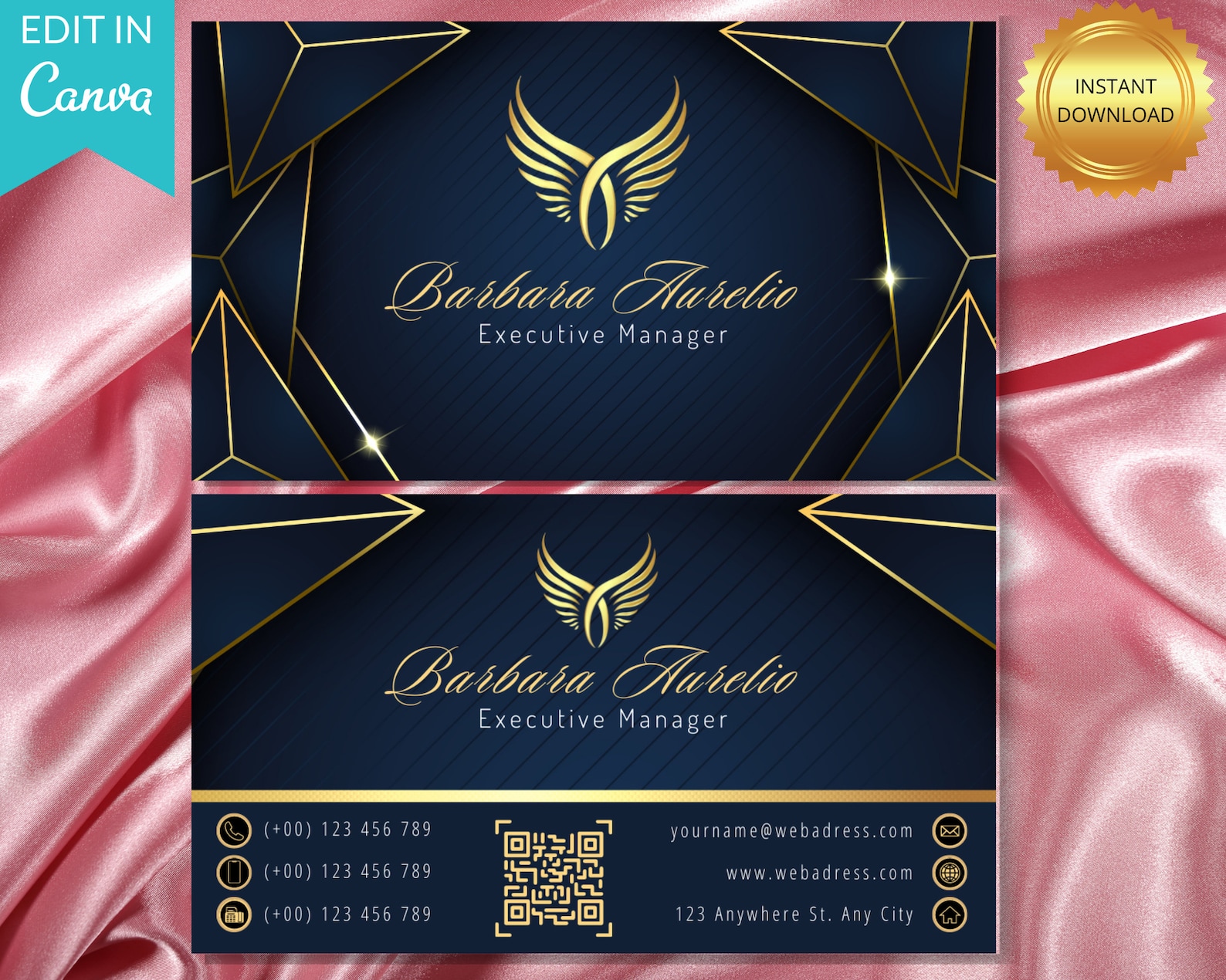 Elegant Business Card, Business Card Template, Editable Blue & Gold ...