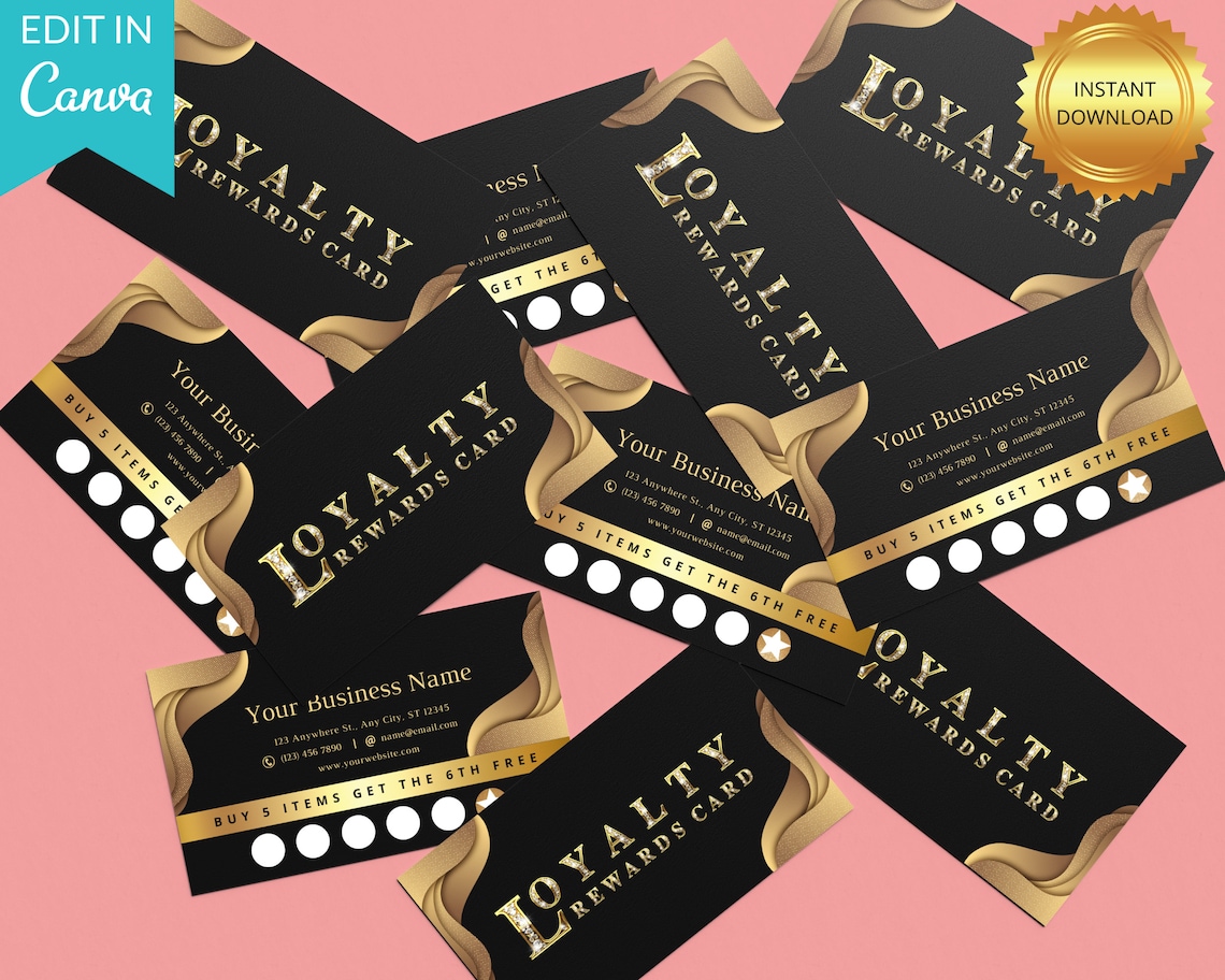 Editable Elegant Black and Gold Loyalty Card Template, Small Business ...