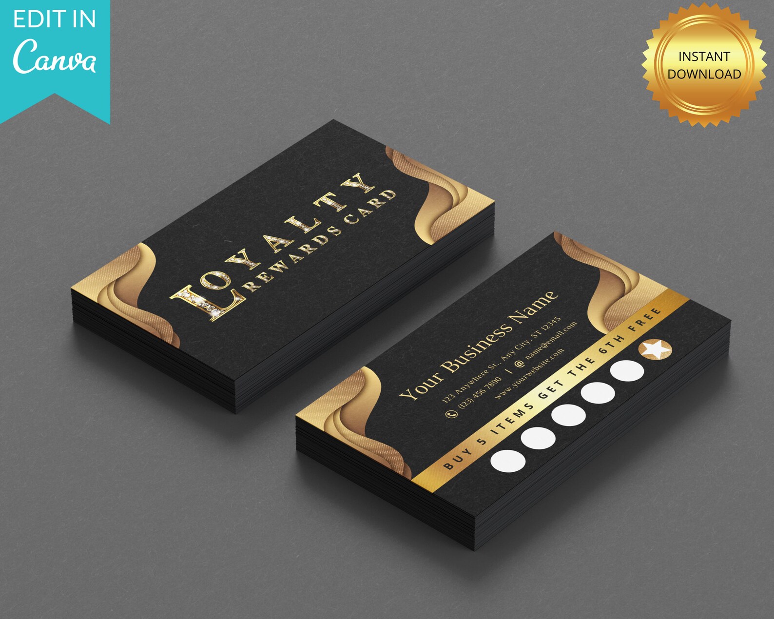 Editable Elegant Black and Gold Loyalty Card Template, Small Business ...