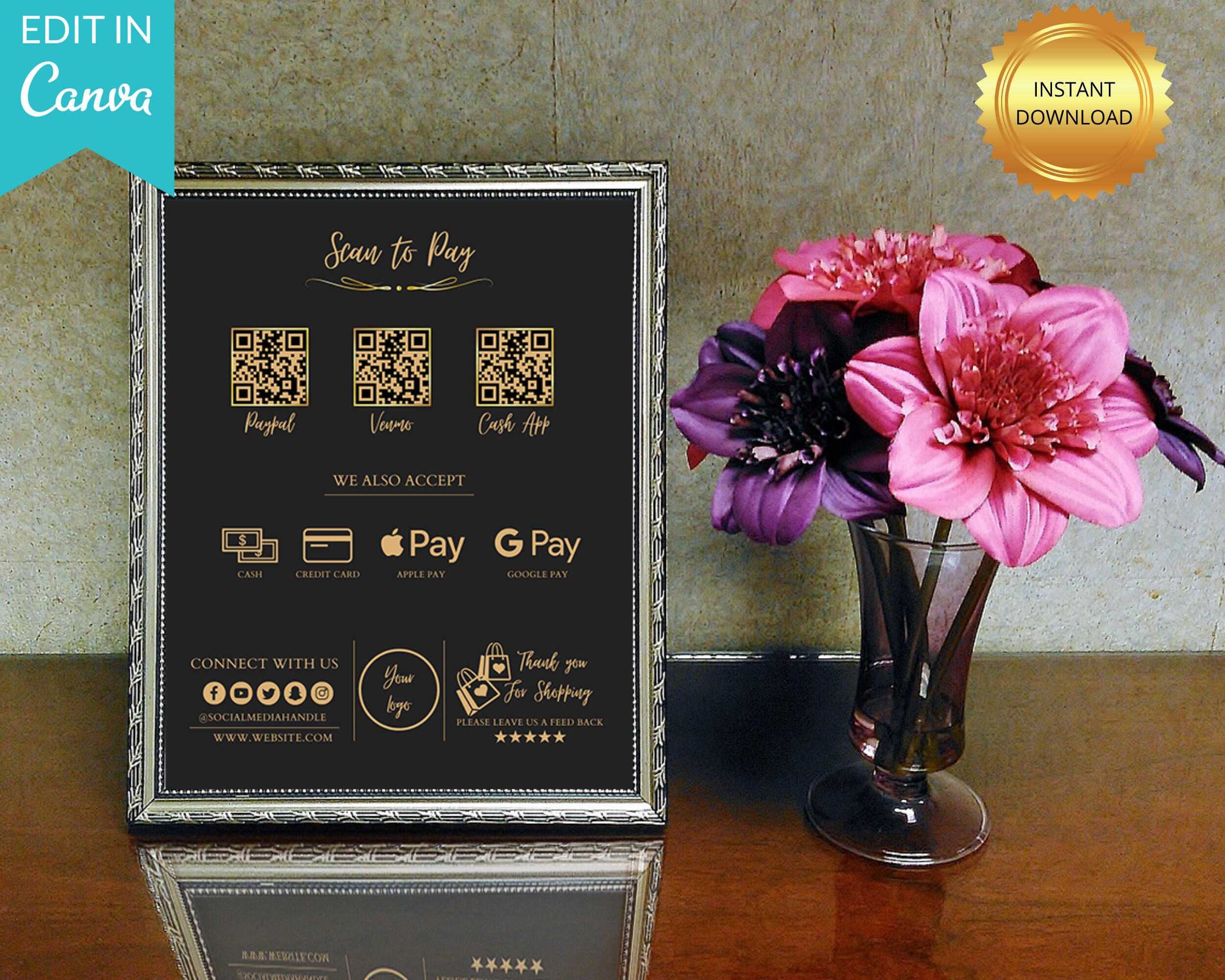 Scan to Pay QR Code Canva Template Digital Print Gold Premade Scan to ...