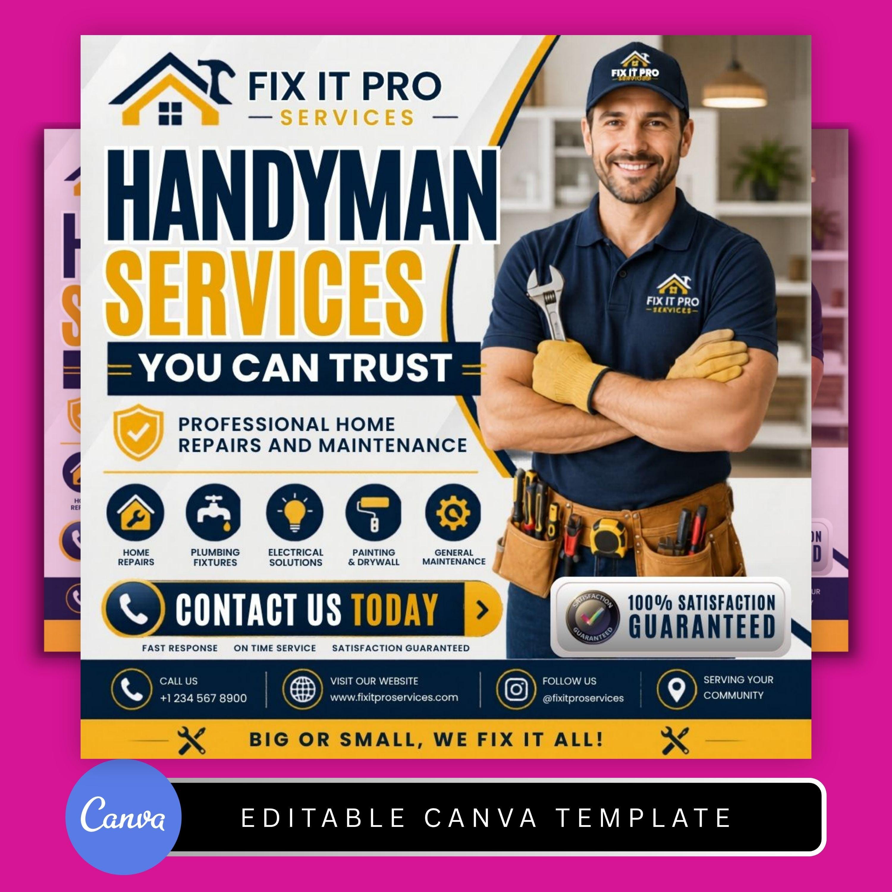 Handyman Flyer Template Editable Canva, Home Repair Services Digital ...