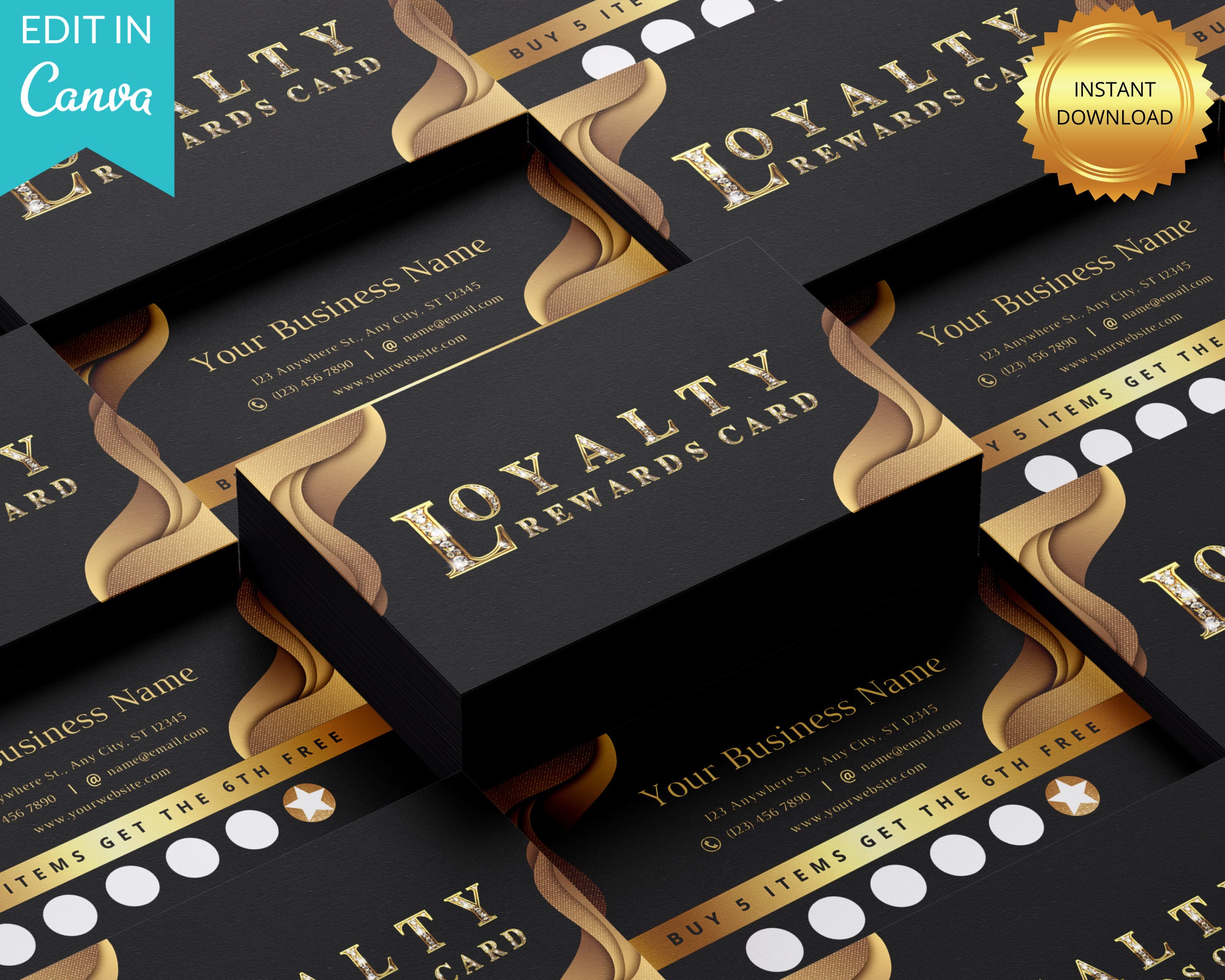 Editable Elegant Black and Gold Loyalty Card Template, Small Business ...