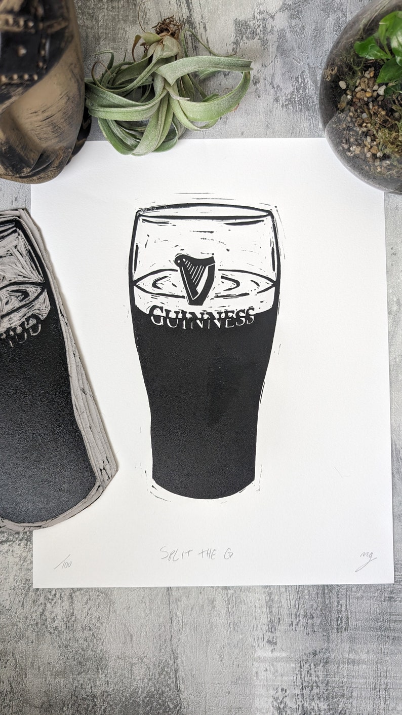 Split the G, Hand Carved Linoprint of a Pint of Guinness Drunk to the ...