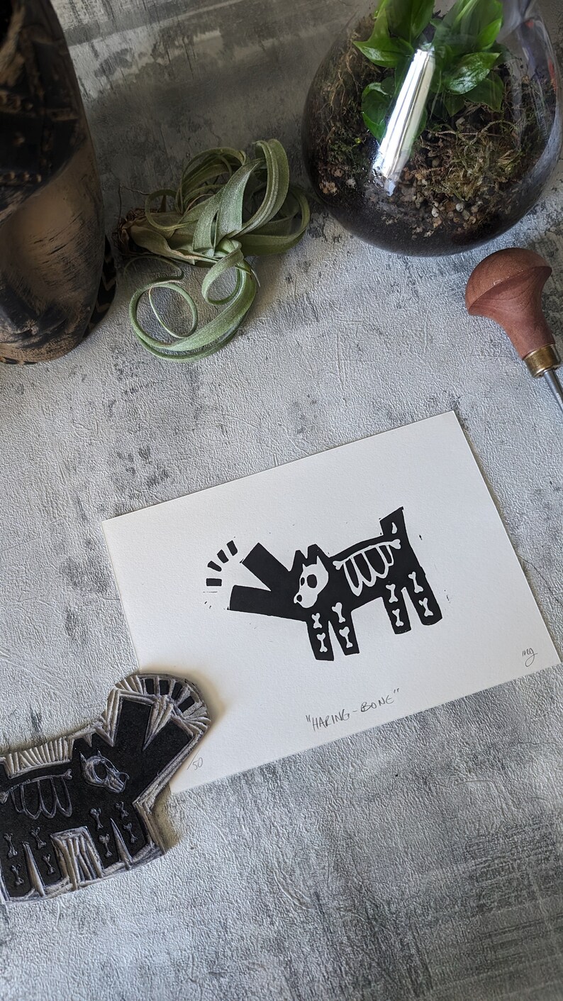 Original Lino Print Haring-bone a Cute Skeleton Dog Art Inspired by ...