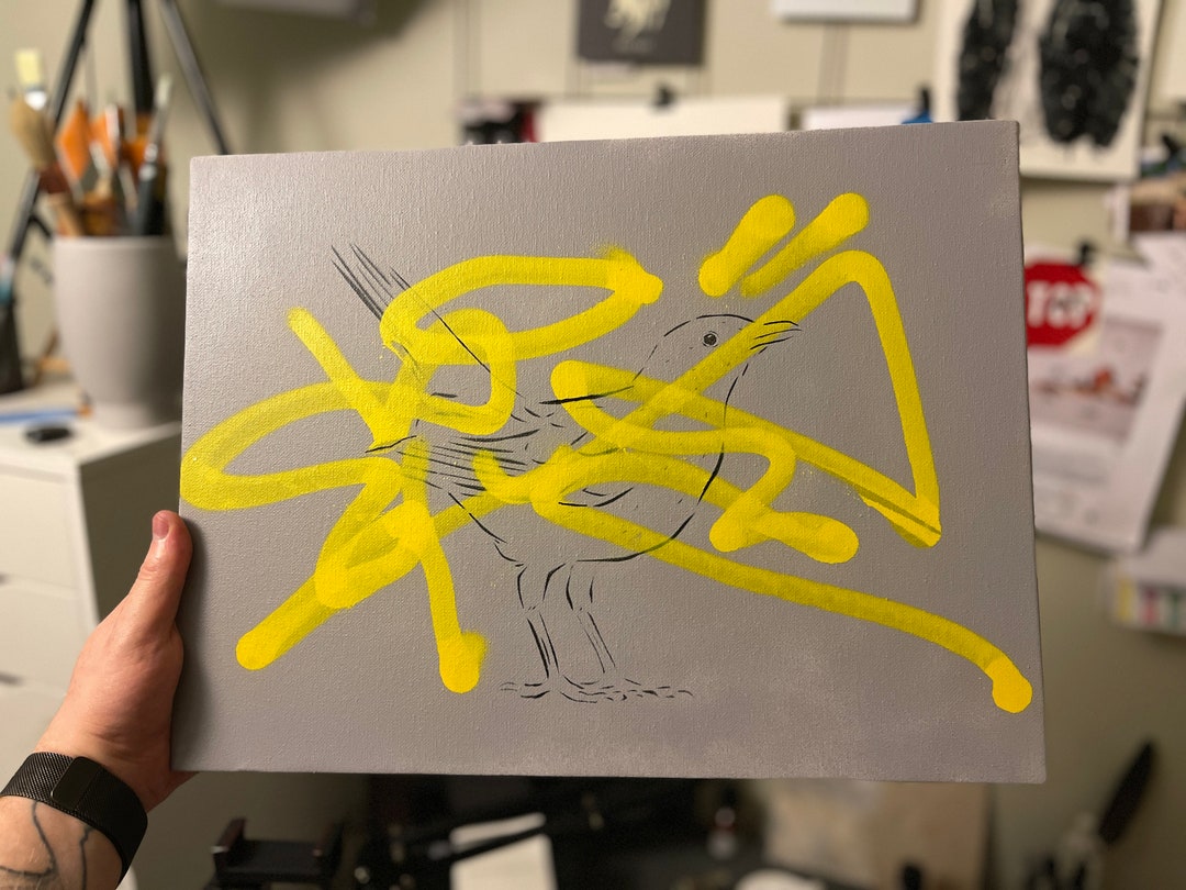 Blackbird Stencil Graffiti Original Painting Made With Grey and Yellow ...