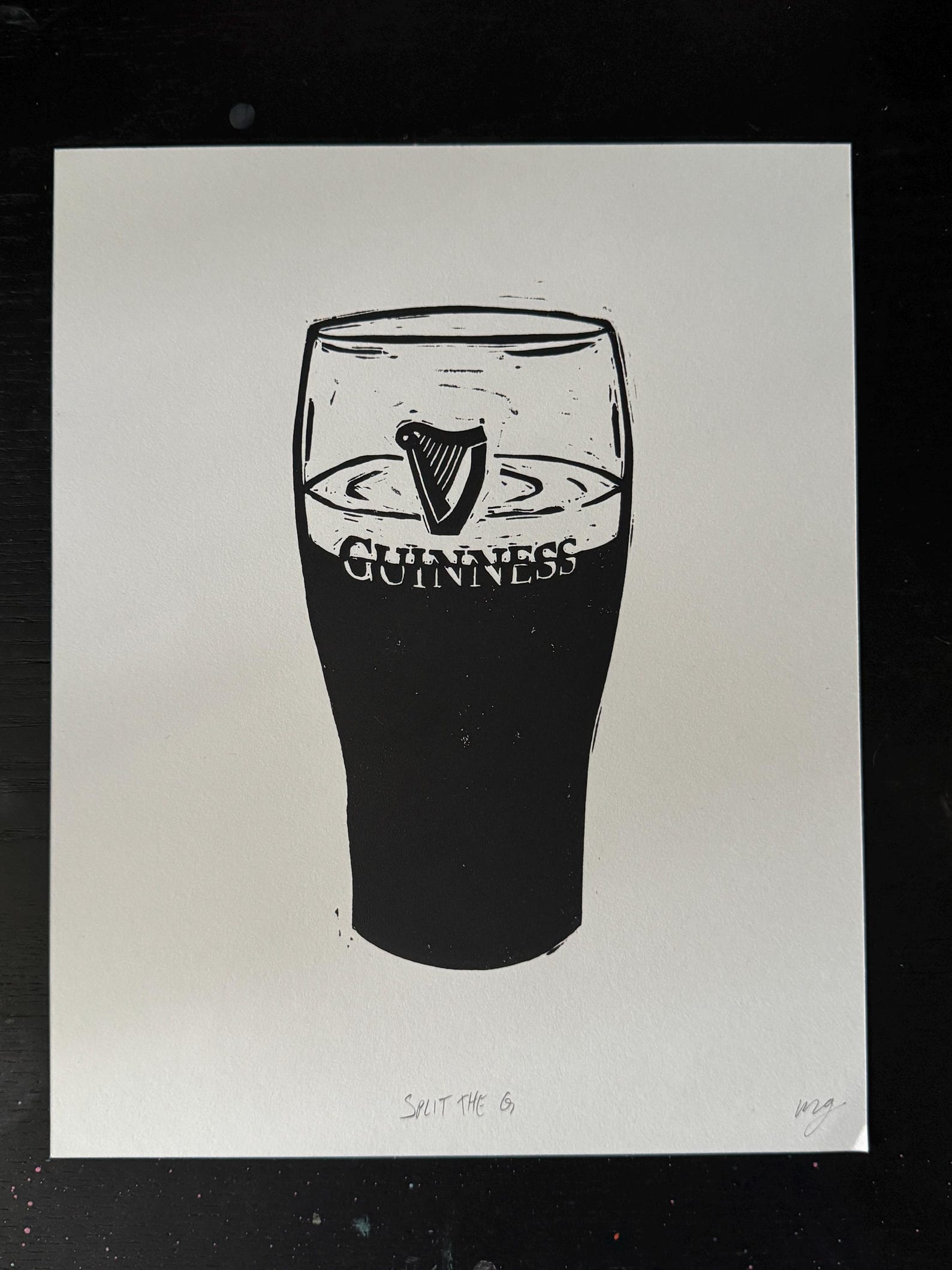 Split the G, Hand Carved Linoprint of a Pint of Guinness Drunk to the ...