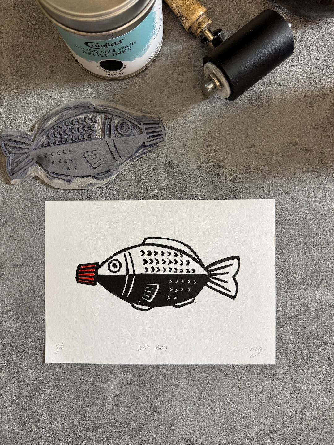 Original Linoprint of a Japanese Soy Sauce Fish Packet, With Red Lid ...