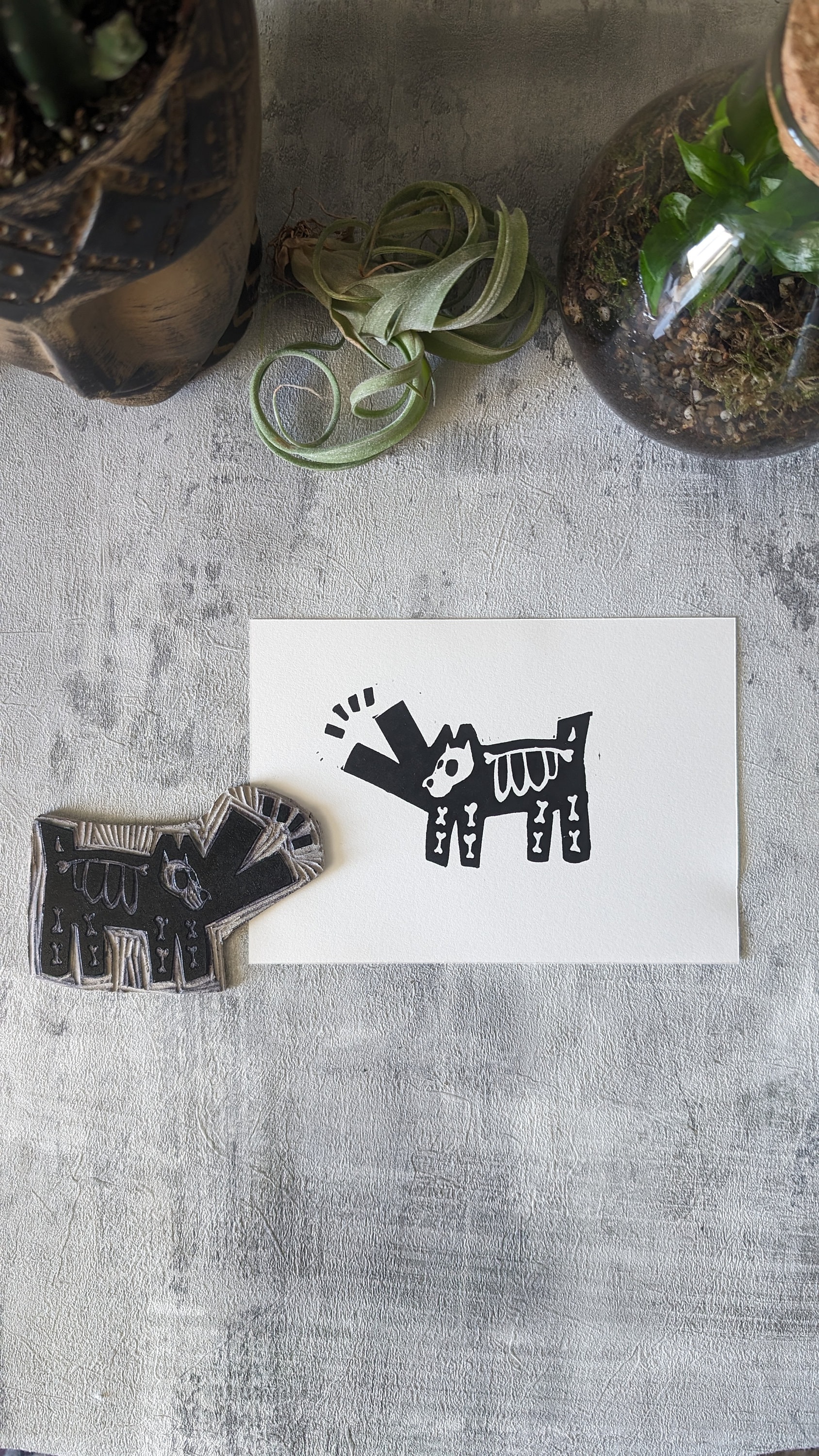 Original Lino Print Haring-bone a Cute Skeleton Dog Art Inspired by ...