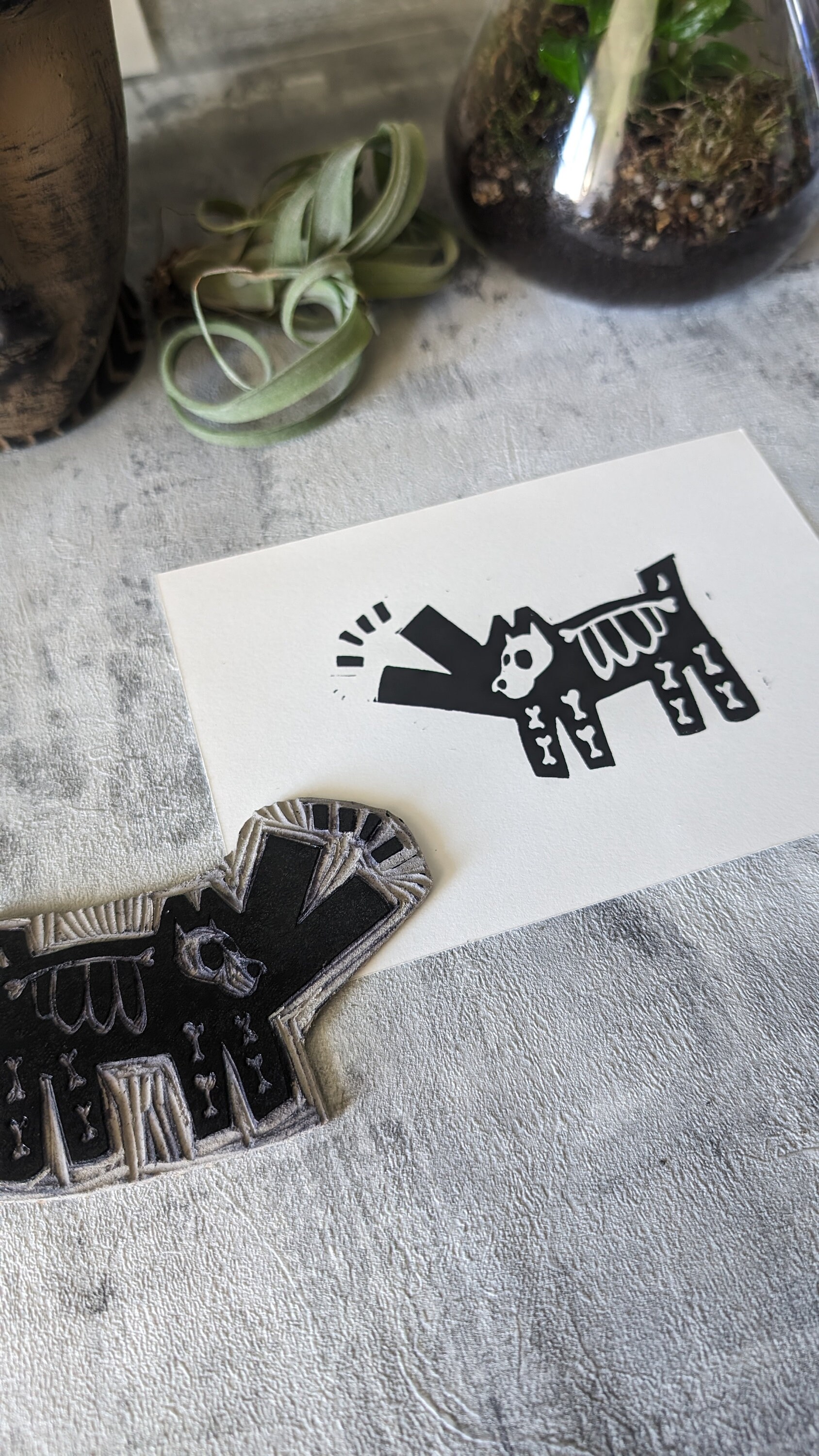 Original Lino Print Haring-bone a Cute Skeleton Dog Art Inspired by ...