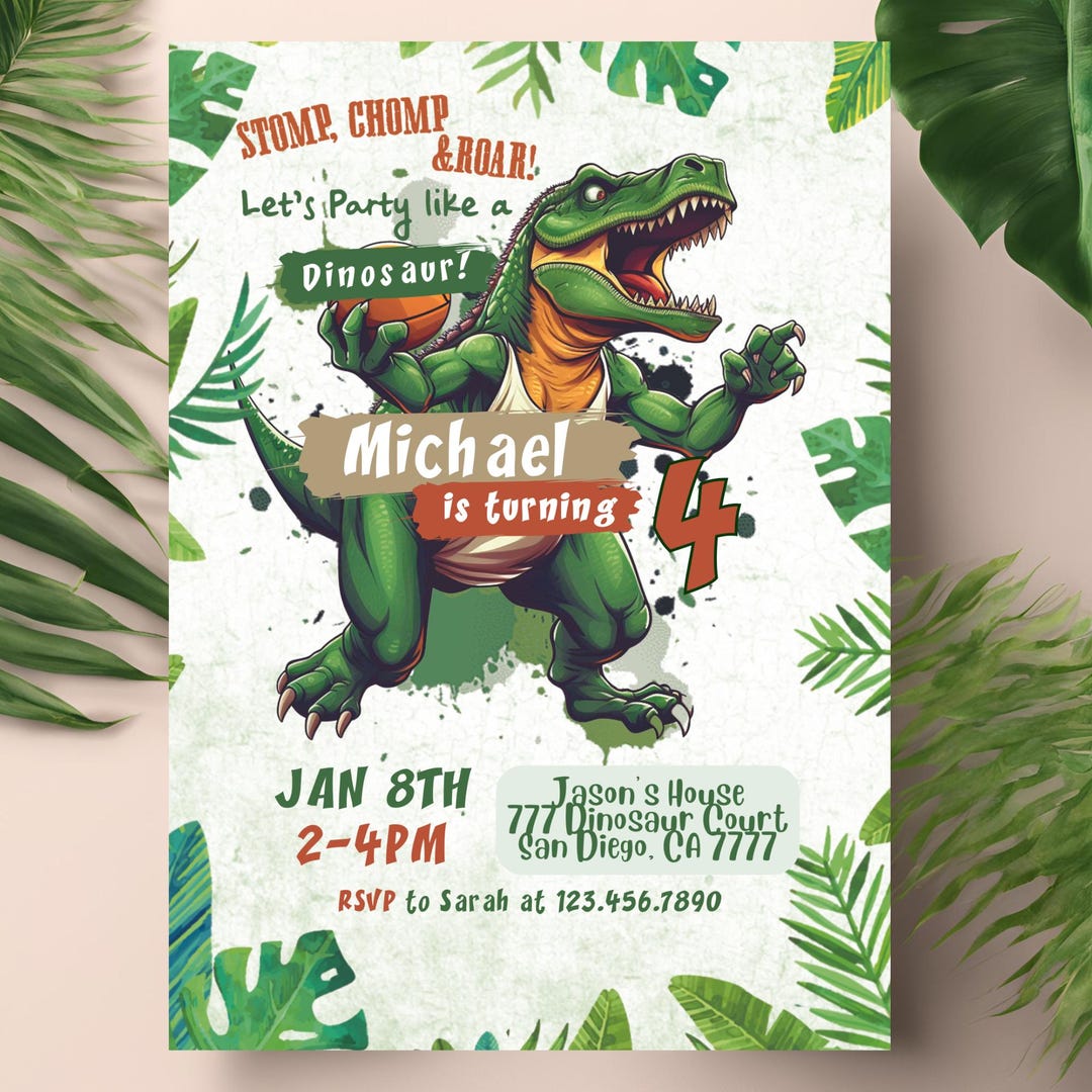 Editable Dinosaur Birthday Party Invitation Template | 5 X7 in ...