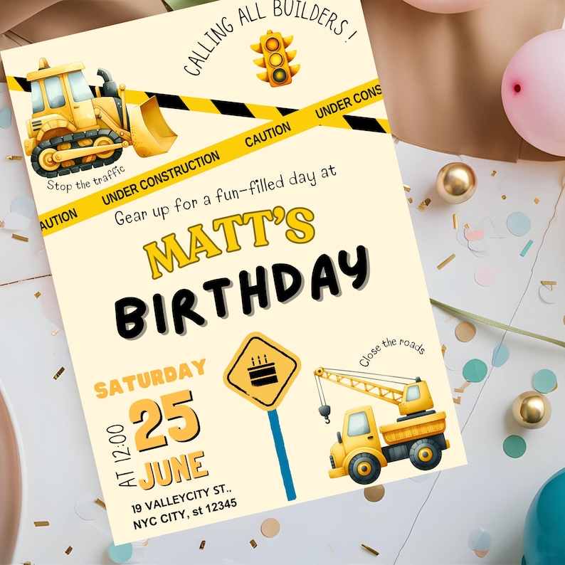 Modern Construction Birthday Digital Invitation | Canva | Excavation ...