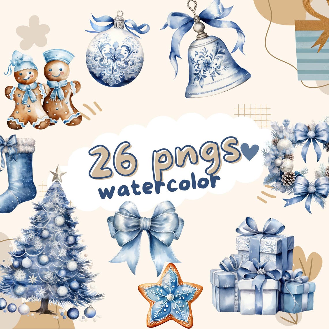 Blue Christmas Watercolor Clipart, Navy Ornaments PNG (digital Download ...