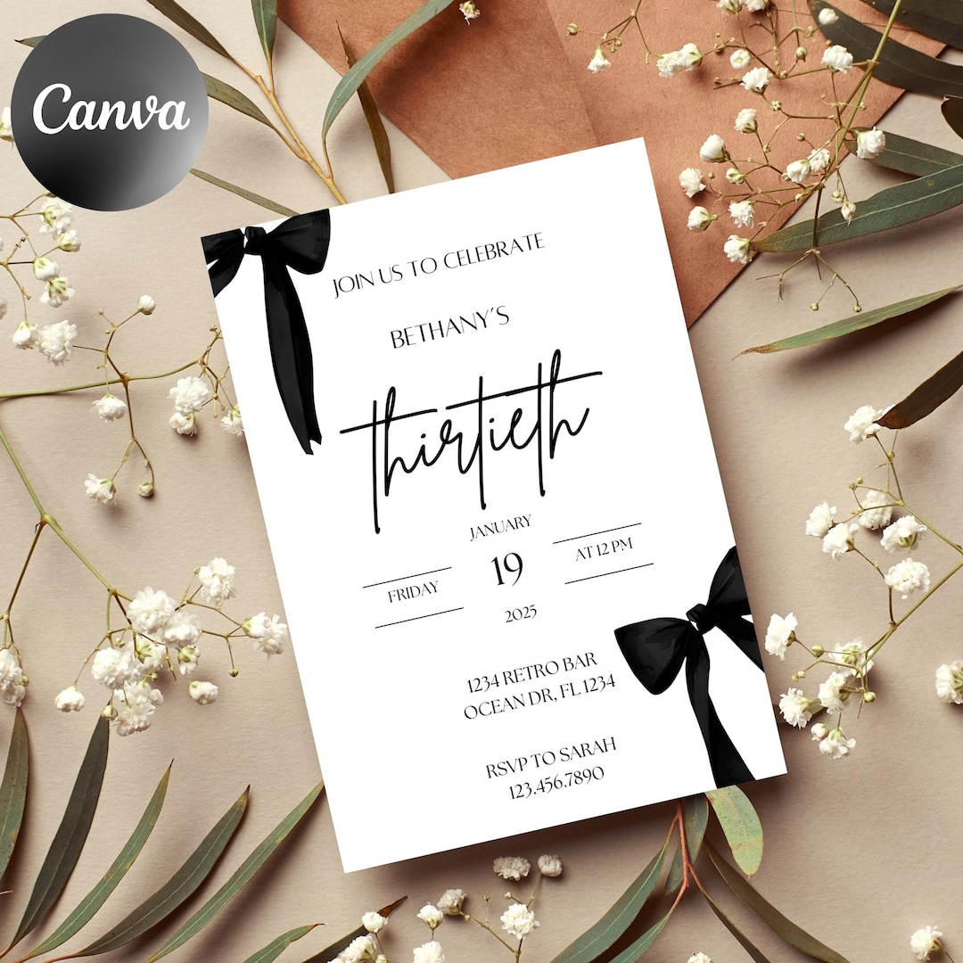 Coquette Black Bow 30th Invitation, 20th Editable Invitation for Her ...
