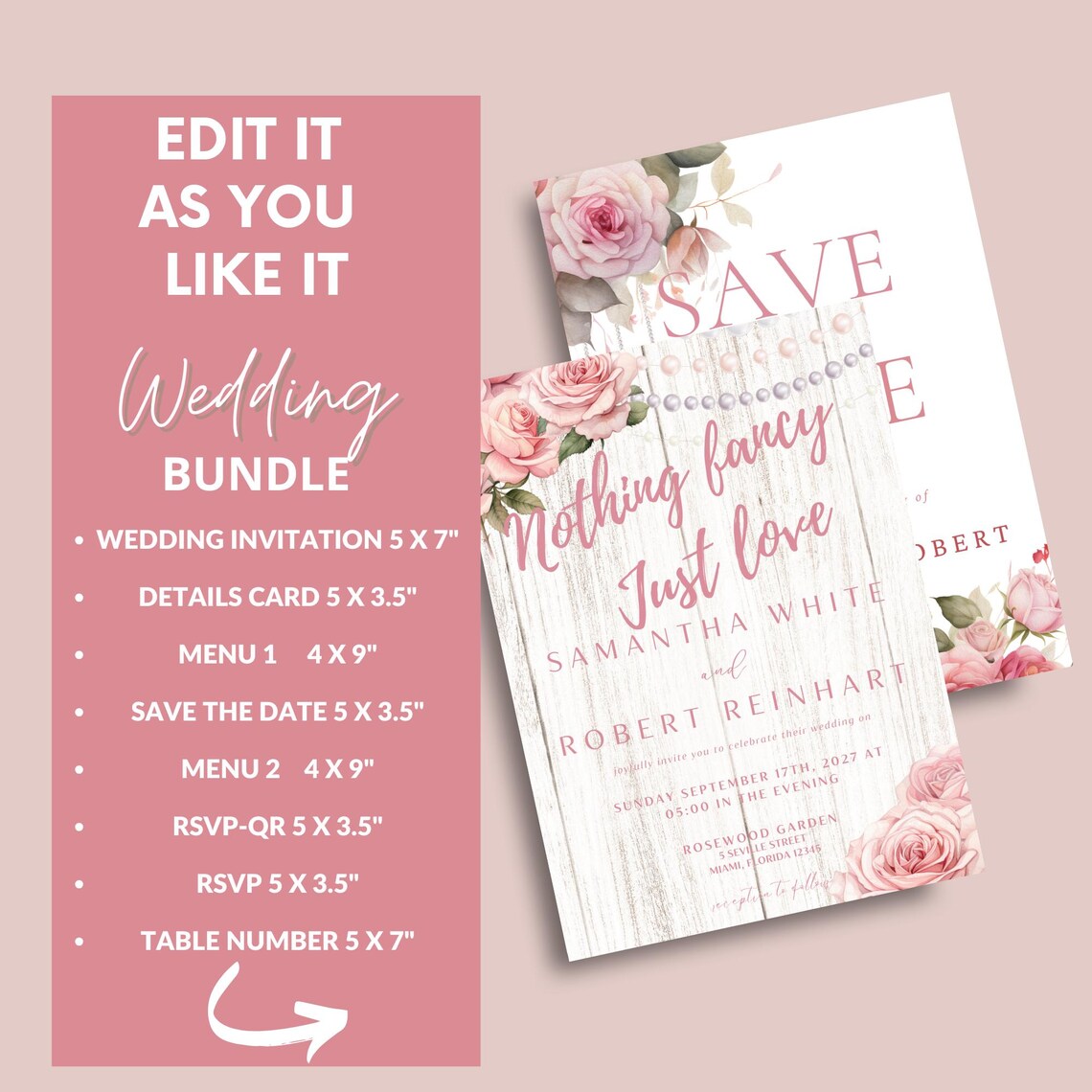 Rustic Nothing Fancy, Just Love Wedding Invitation Bundle | Editable ...