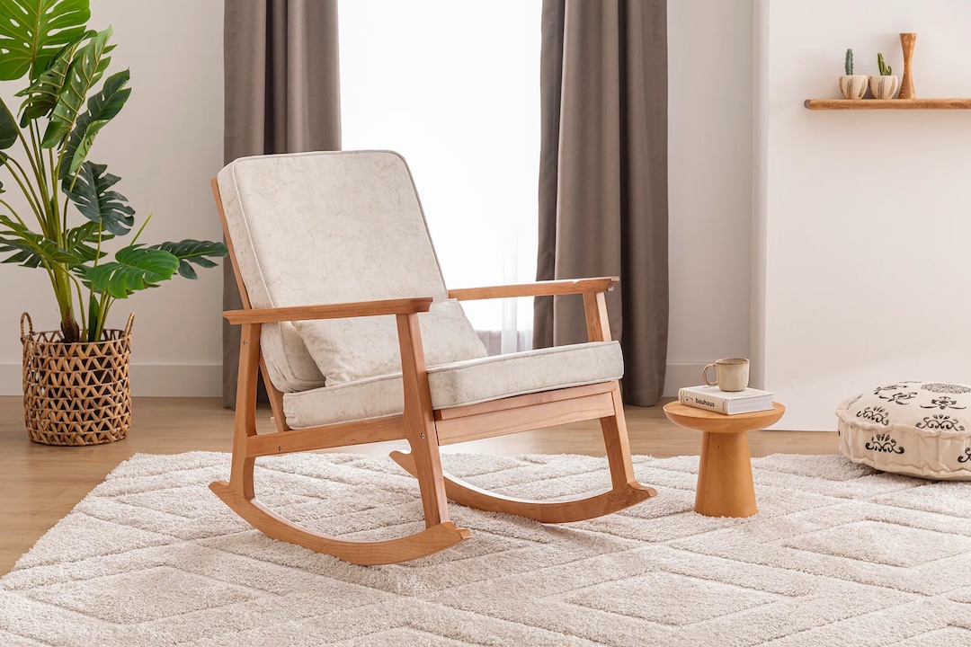 Nordic Beech Wooden Rocking Chair Set, Danish Cream Cushion Rocker for ...
