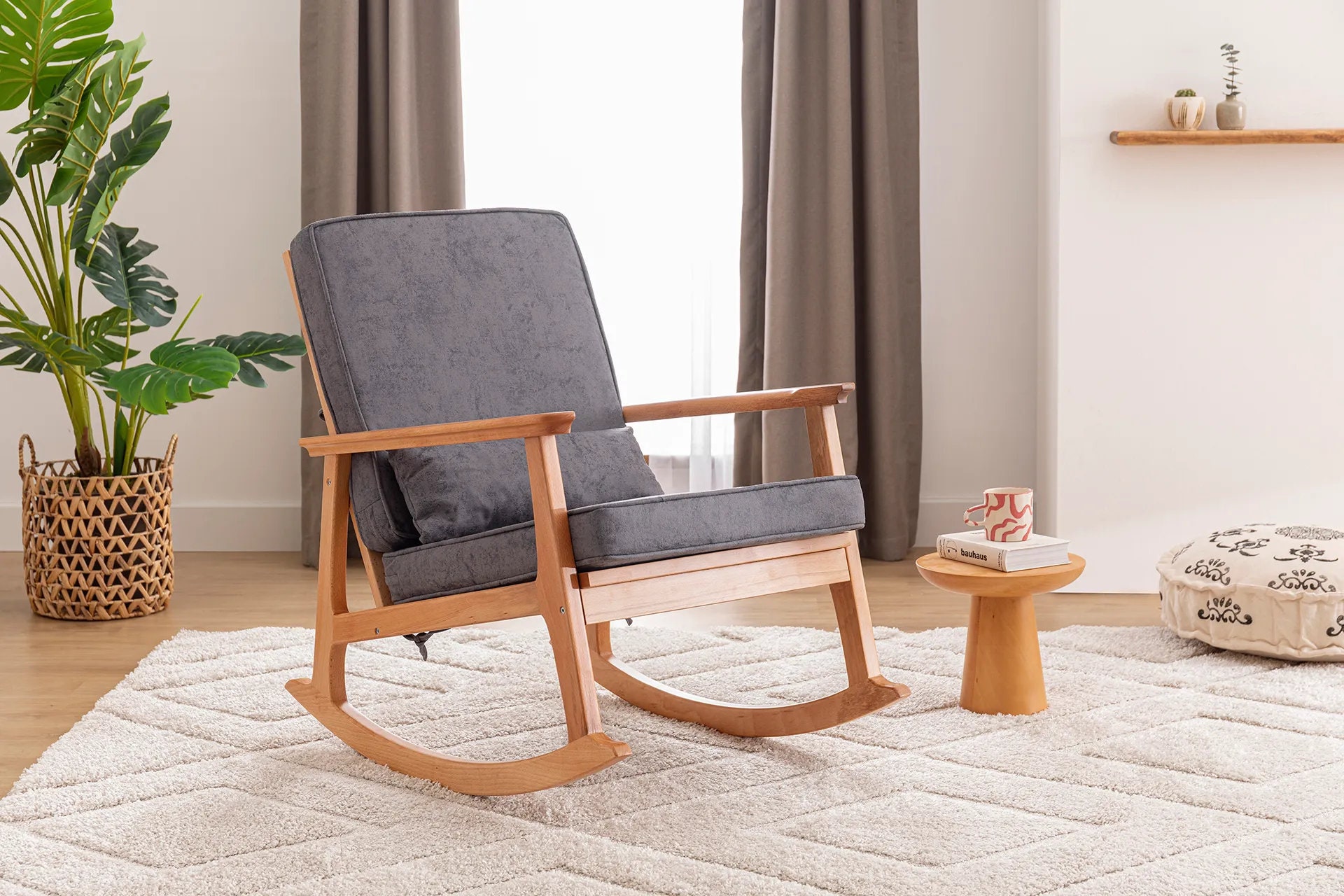Nordic Beech Wooden Rocking Chair Set, Danish Cream Cushion Rocker for ...