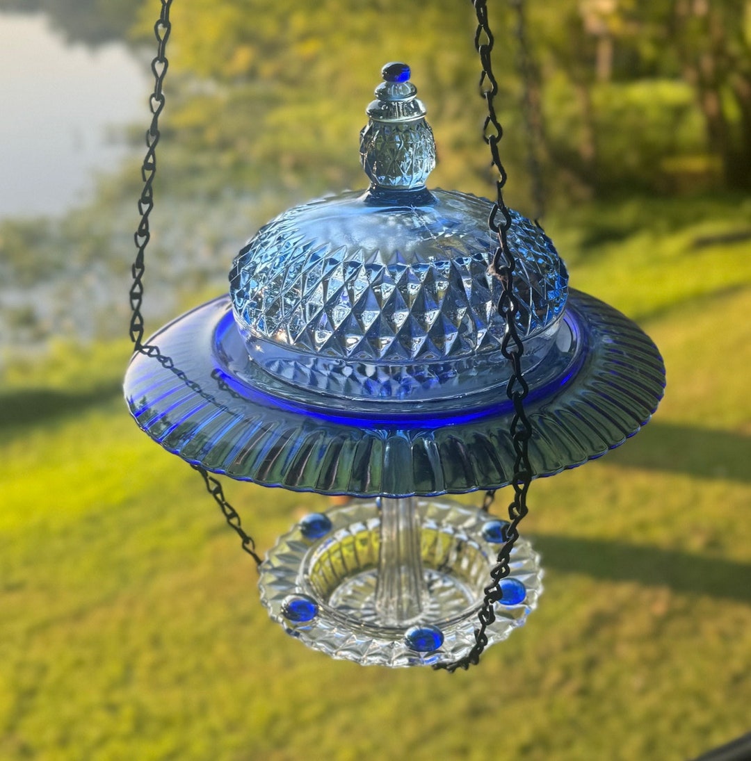 Hanging Upcycled Glass Bird Feeder, Yard Art Decor, Garden Art Decor ...