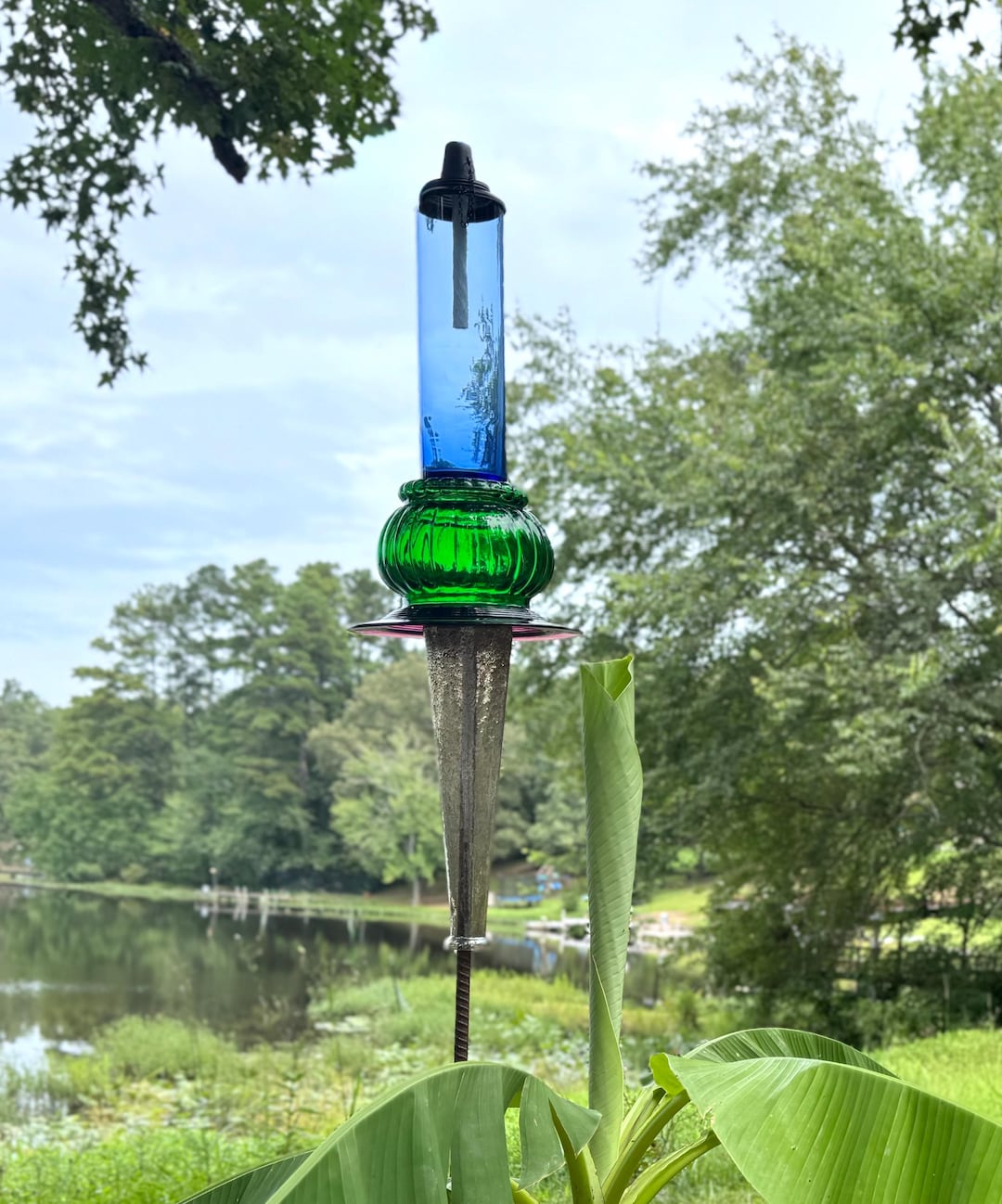 Outdoor Tiki Torch Lamp - Upcycled Vintage Glass - Blue, Emerald Green ...