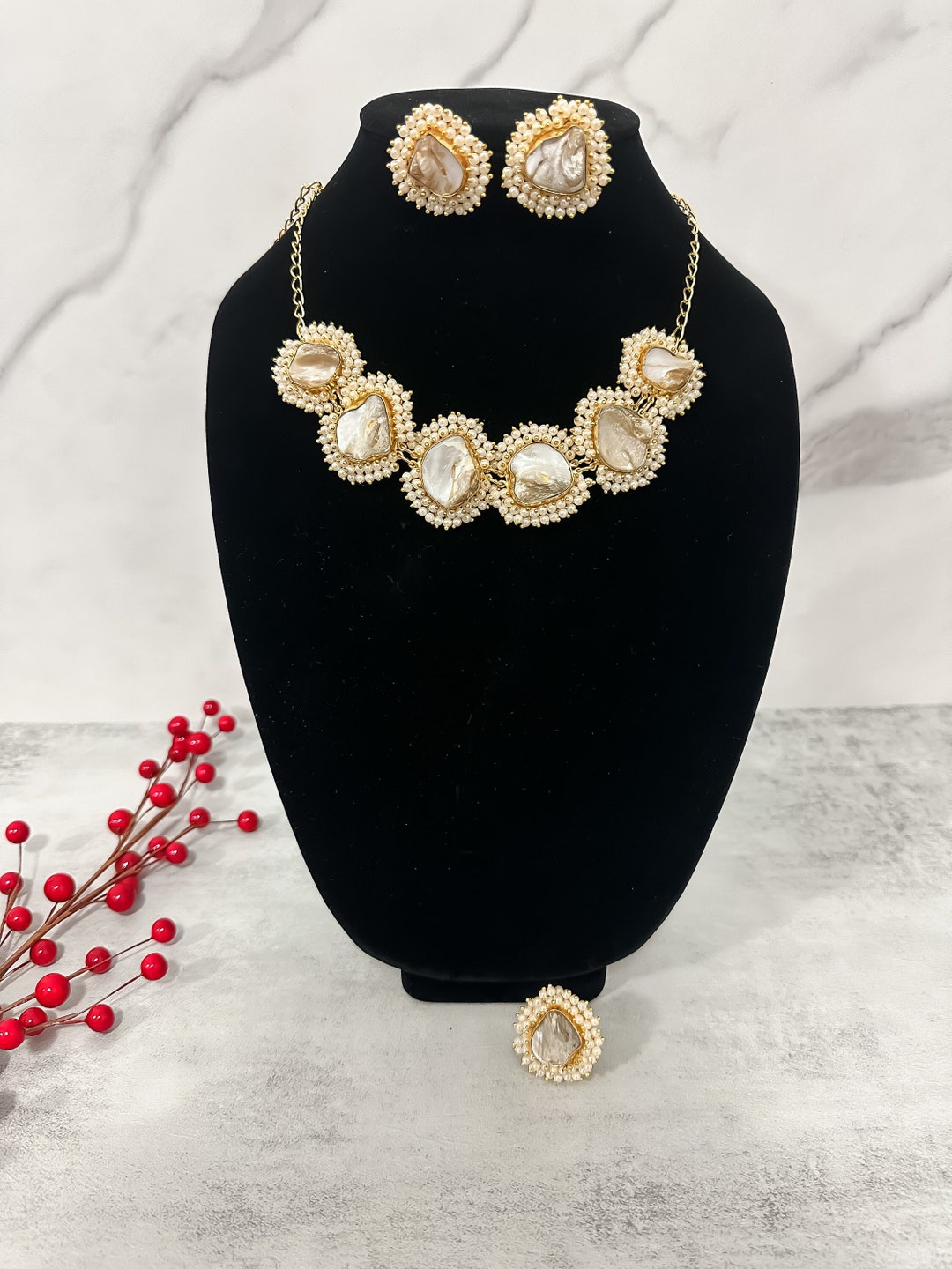 Barooq Pearl Necklace Set With Studs and Ring - Etsy