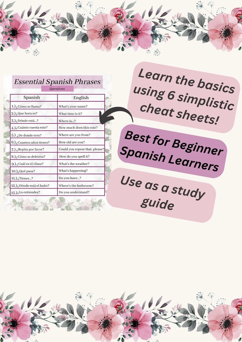 Spanish for Beginners, Beginner Spanish Phrases, Spanish Study Cheat ...