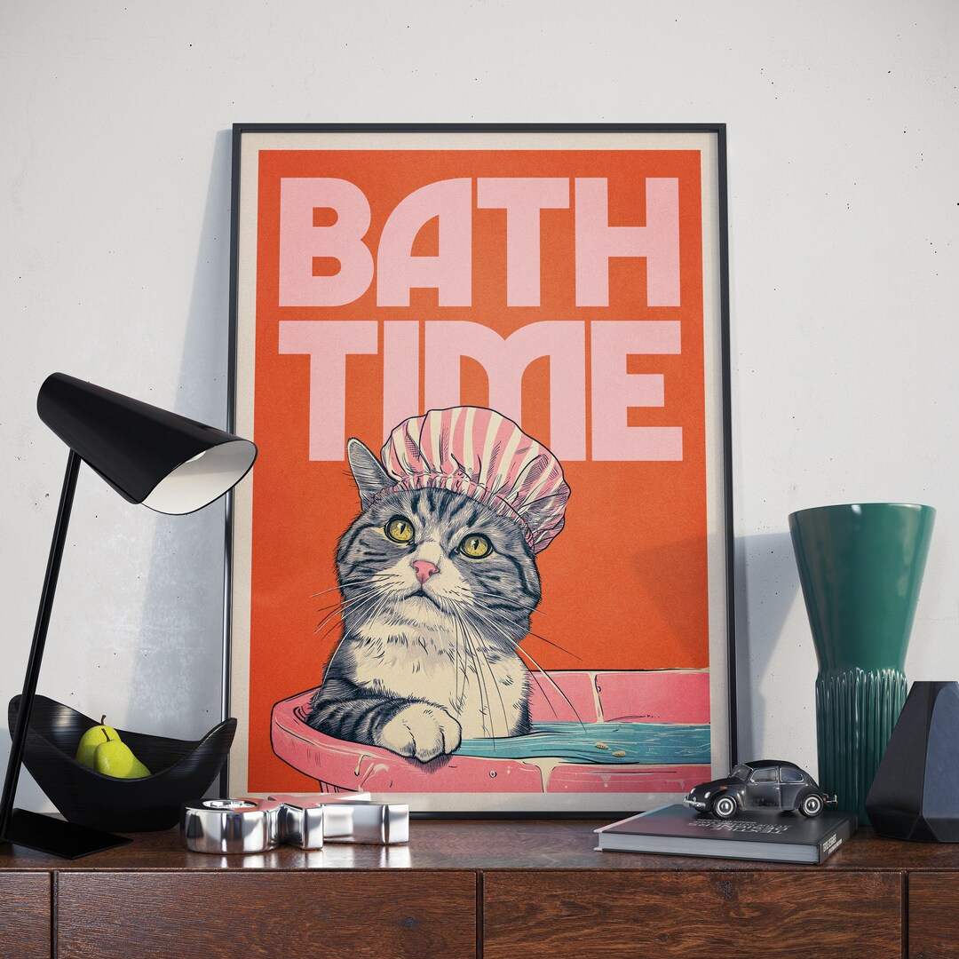 Retro Cat Bathroom Art | Retro 'bath Time' Poster | Quirky Vintage Illustration | Cat Lover ...