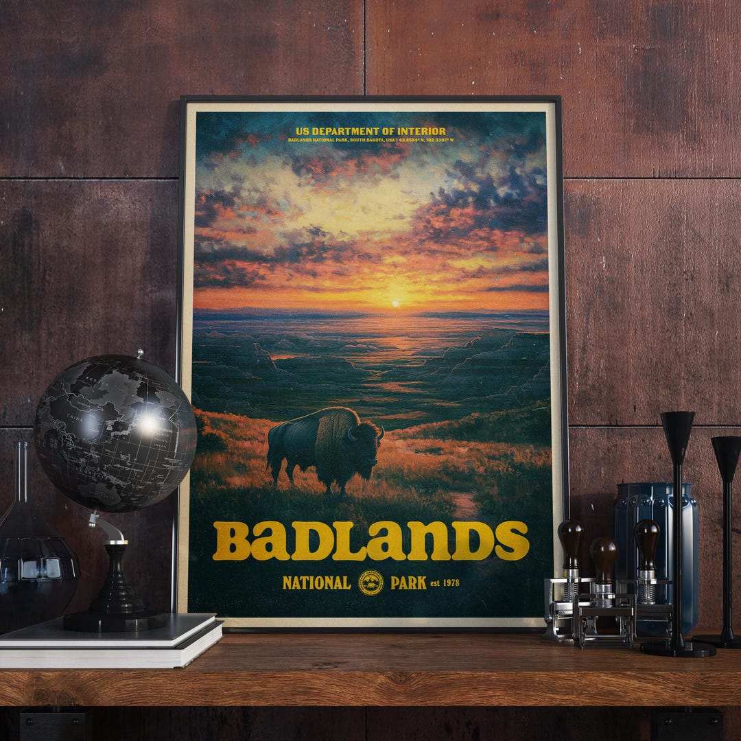 Badlands National Park Print, Vintage Travel Poster, Retro Western Wall ...