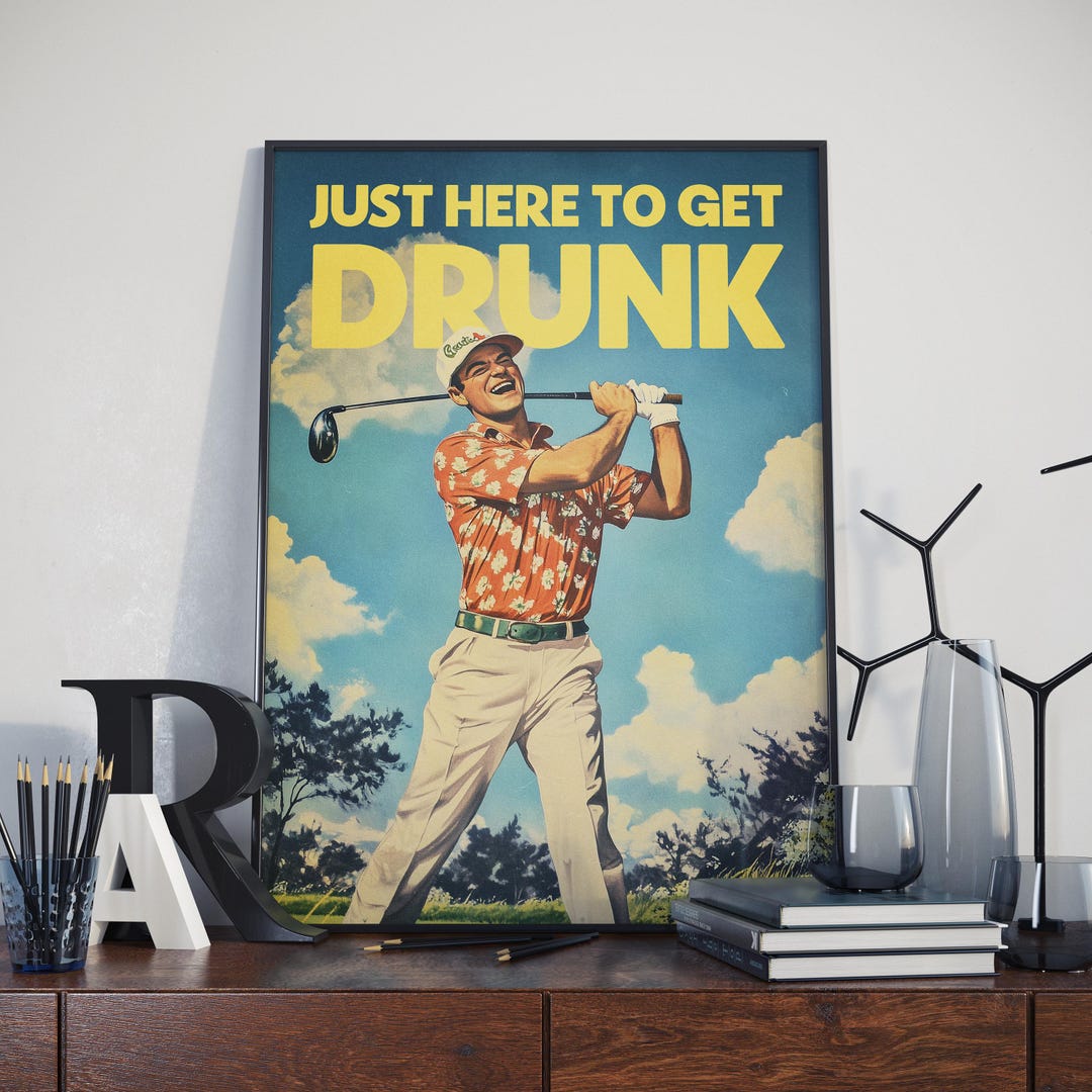1960s Retro Funny Golf Art, Vintage Poster Print, Happy Drunk Golfer ...