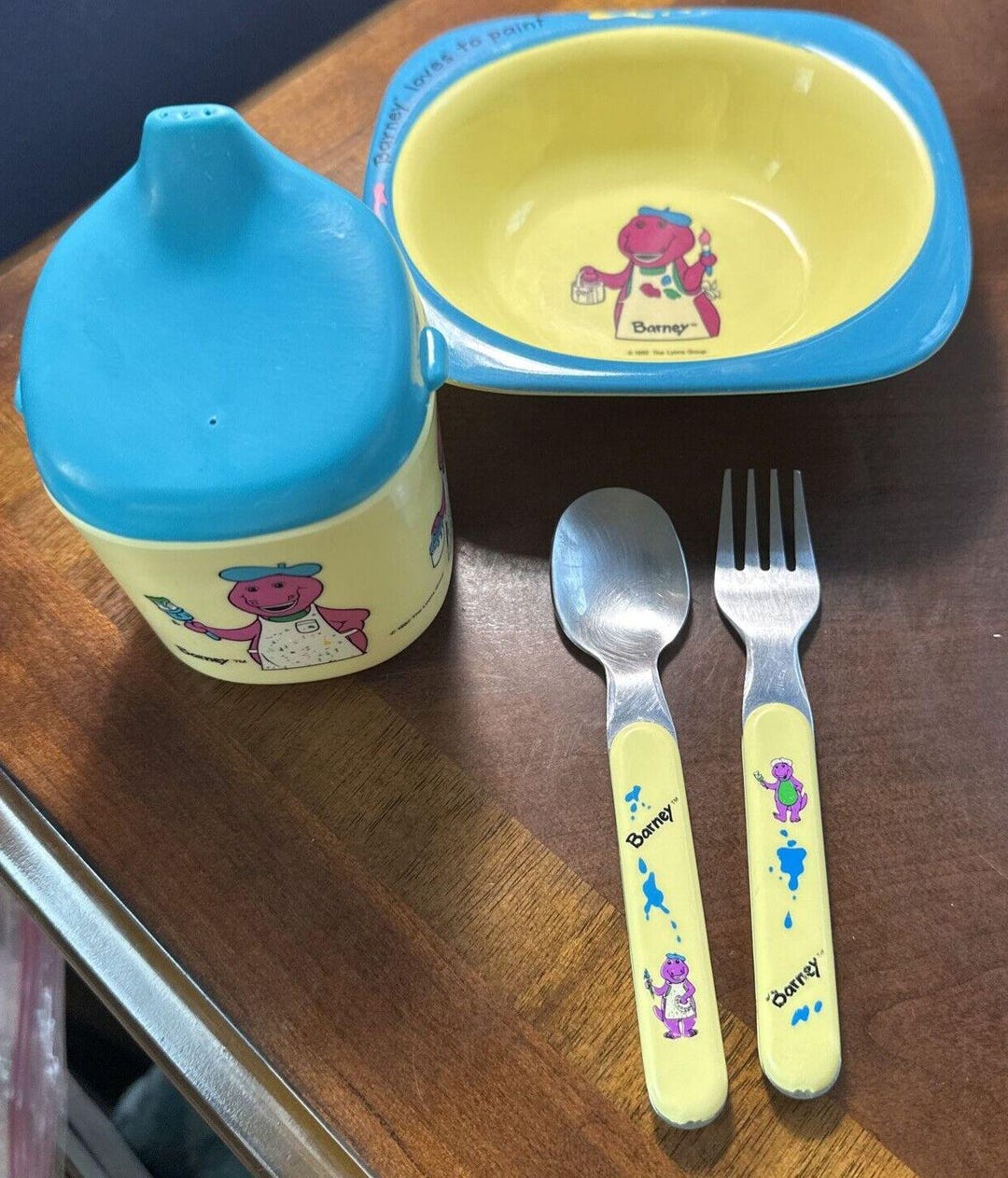 VTG Barney Loves to Paint Plate Set 1992 Lyons Bowl Cup Spoon Fork Set ...