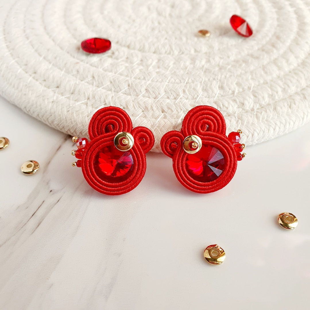 Red Crystal Stud Earrings, Red Small Soutache Earrings, Red Jewelry ...