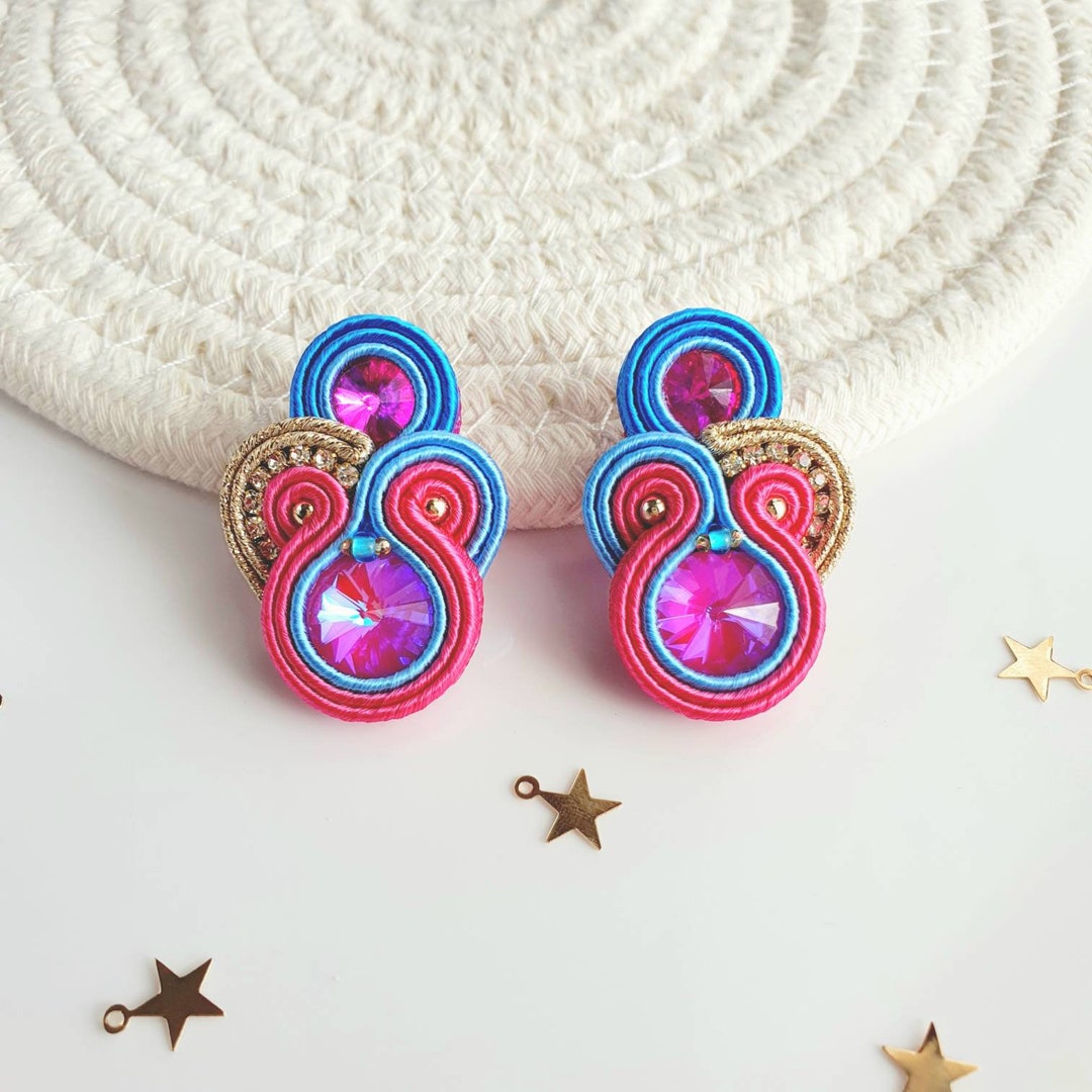 Fuchsia Blue Soutache Earrings: Hot Pink Crystal Embroidered Jewelry - Etsy