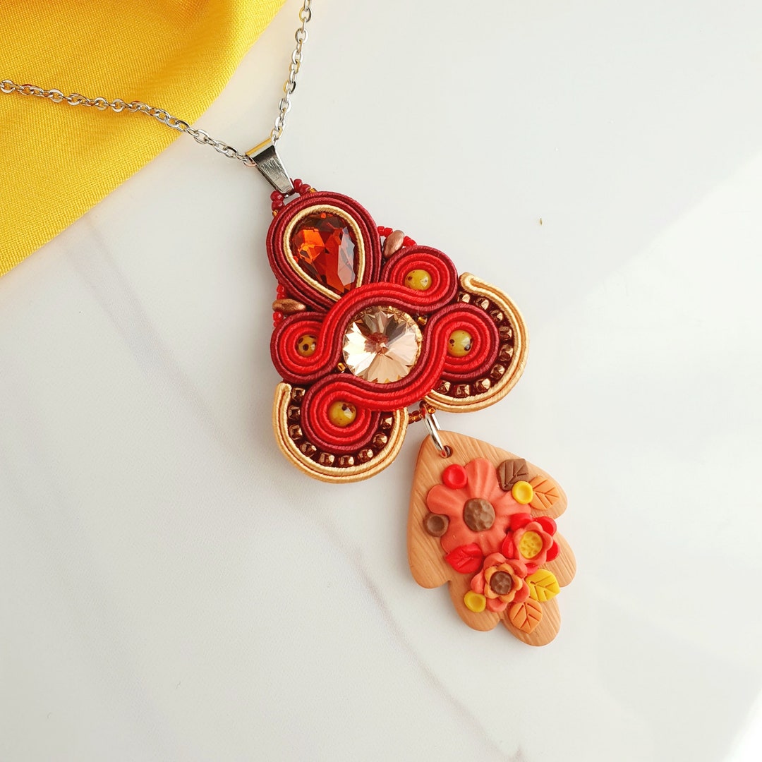 Red Soutache Necklace: Floral Clay Pendant, Autumn Jewelry - Etsy