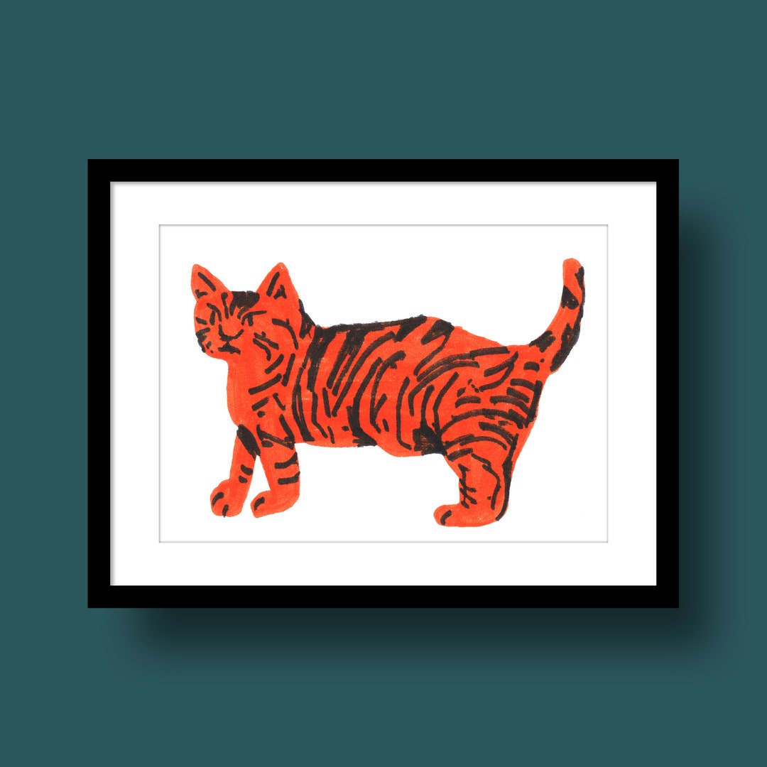 Orange Cat Poster Original Minimalist Interior Wall Art Abstract Giclee ...